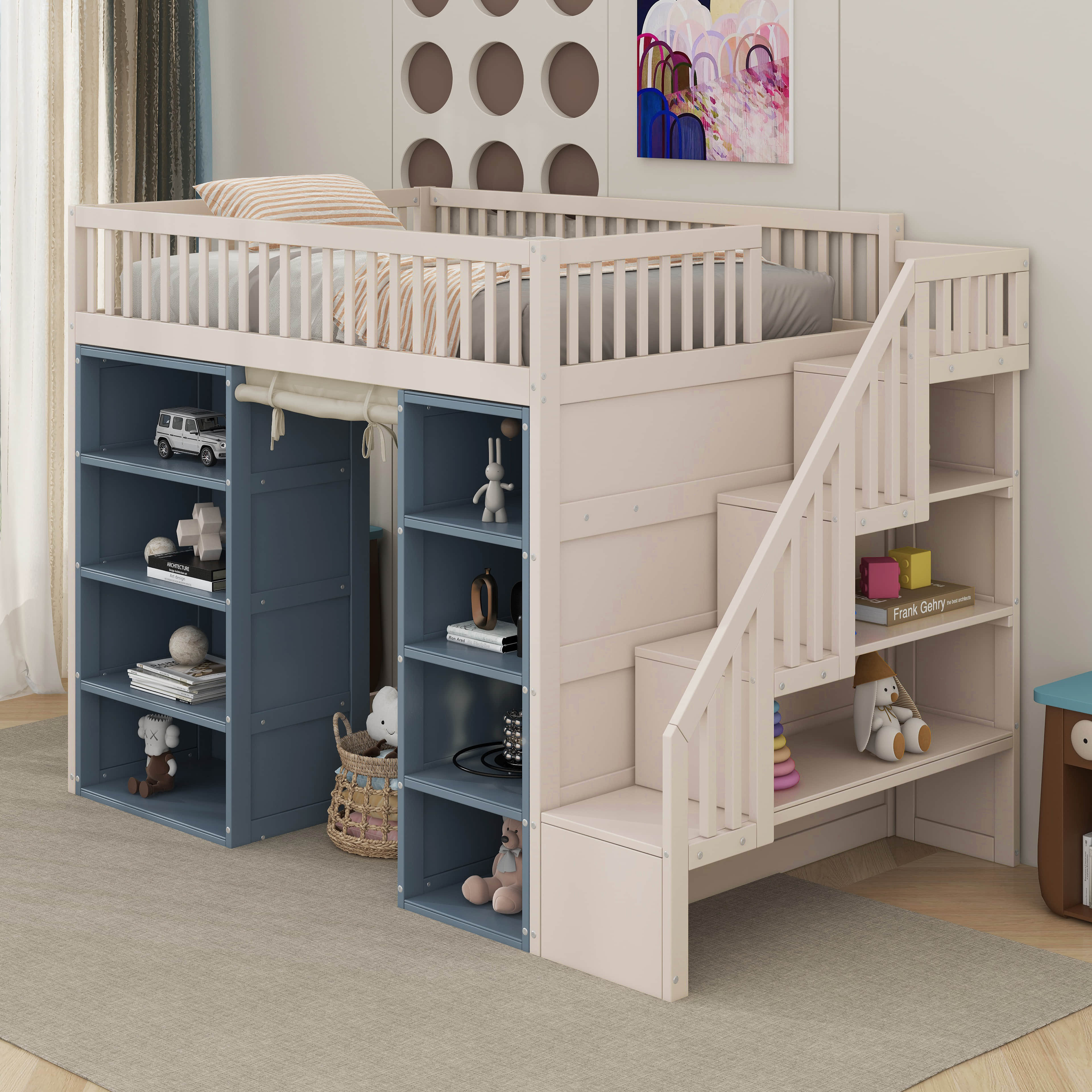 Latitude Run® Full Size Loft Bed With 2 Four-Layer Storage Cabinets And ...