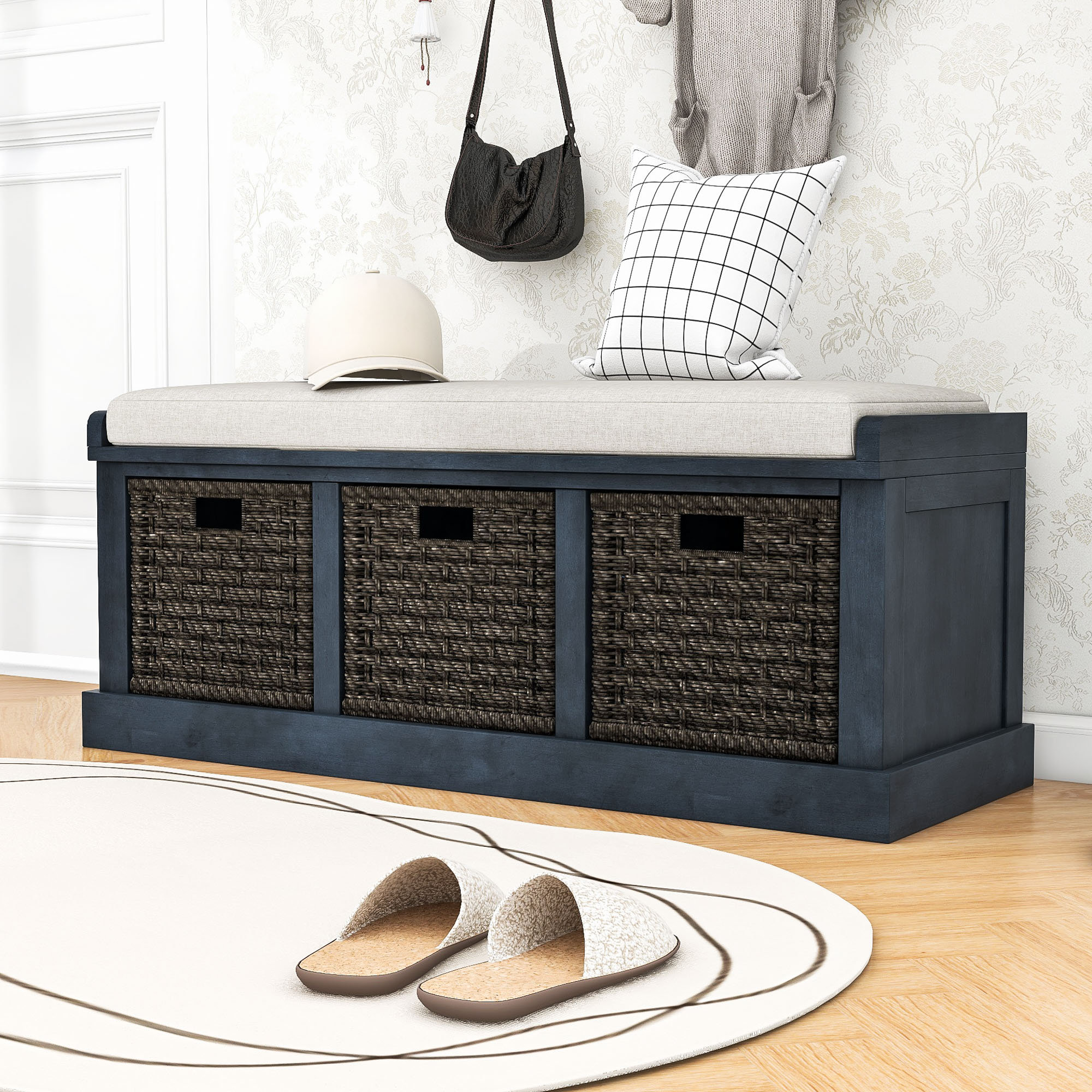 Latitude Run® Rustic Storage Bench with 3 Rattan Baskets and Removable ...