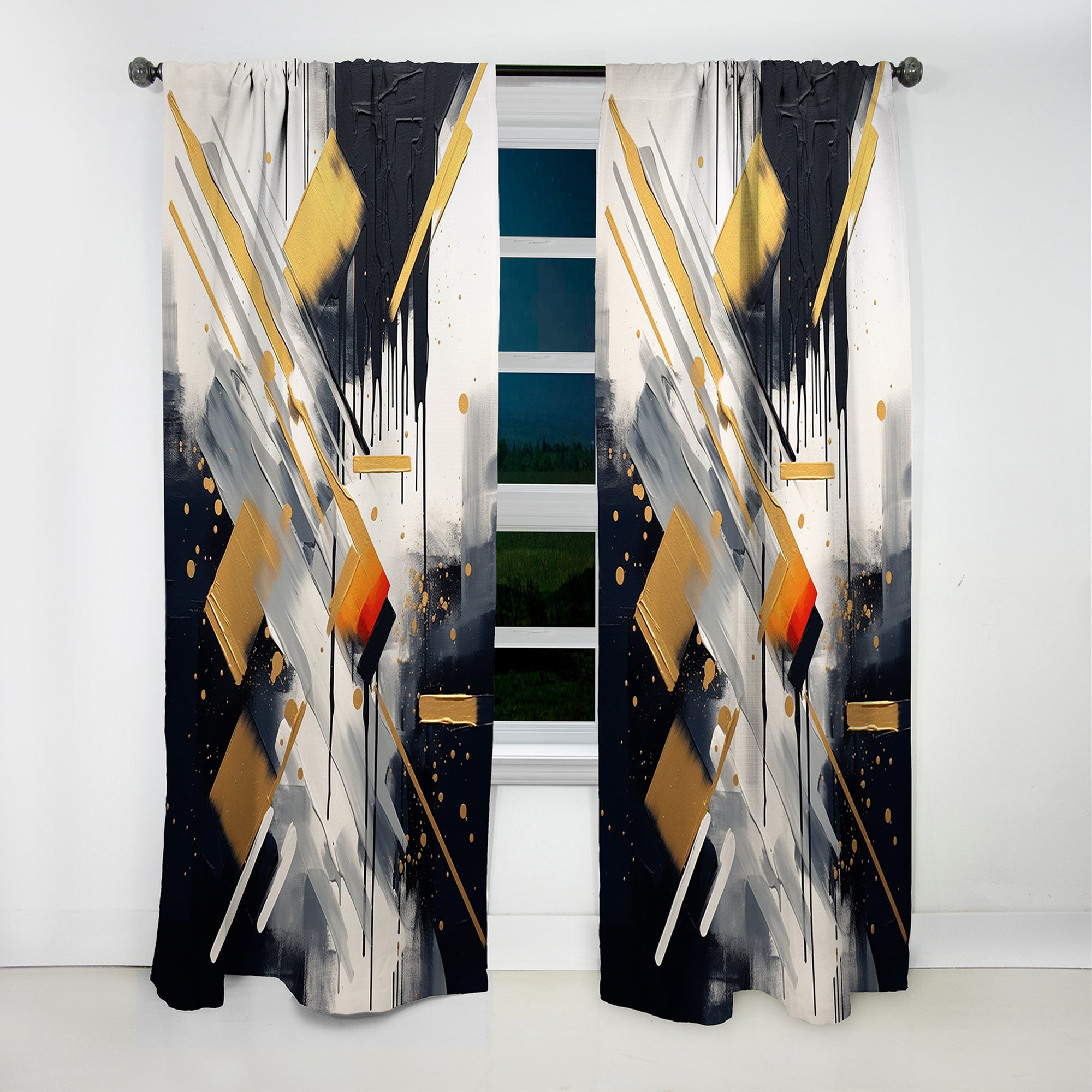 Orren Ellis Gold And Black Abstract Angles III - Cubism Curtain ...