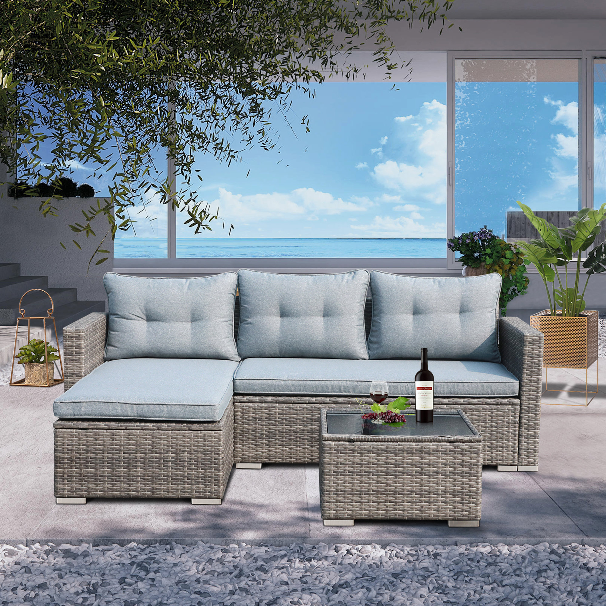 Ebern Designs Cromford 3 Piece Rattan Sectional Seating Group with ...