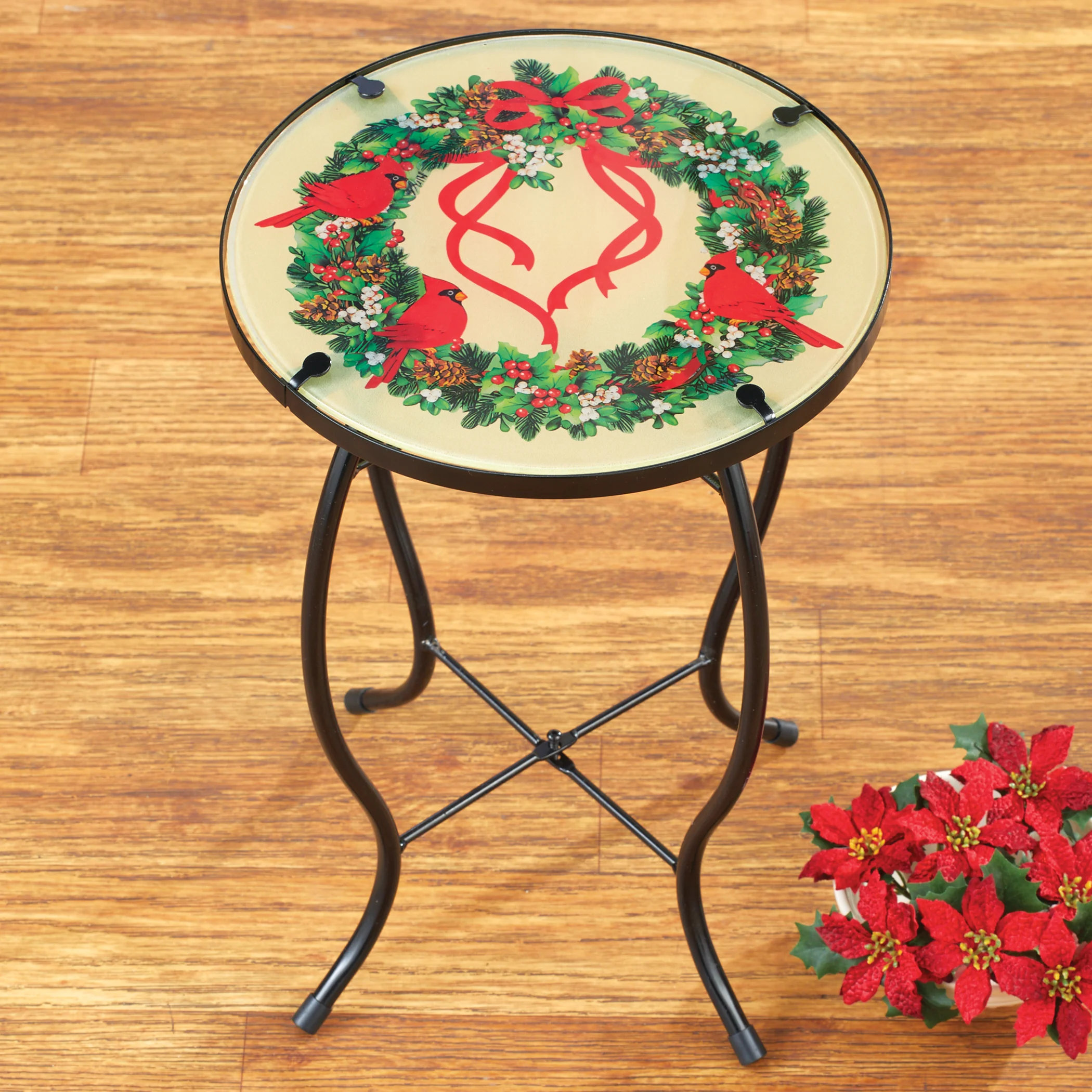 The Holiday Aisle® Cardinal Wreath Glass Top Indoor/Outdoor Accent ...