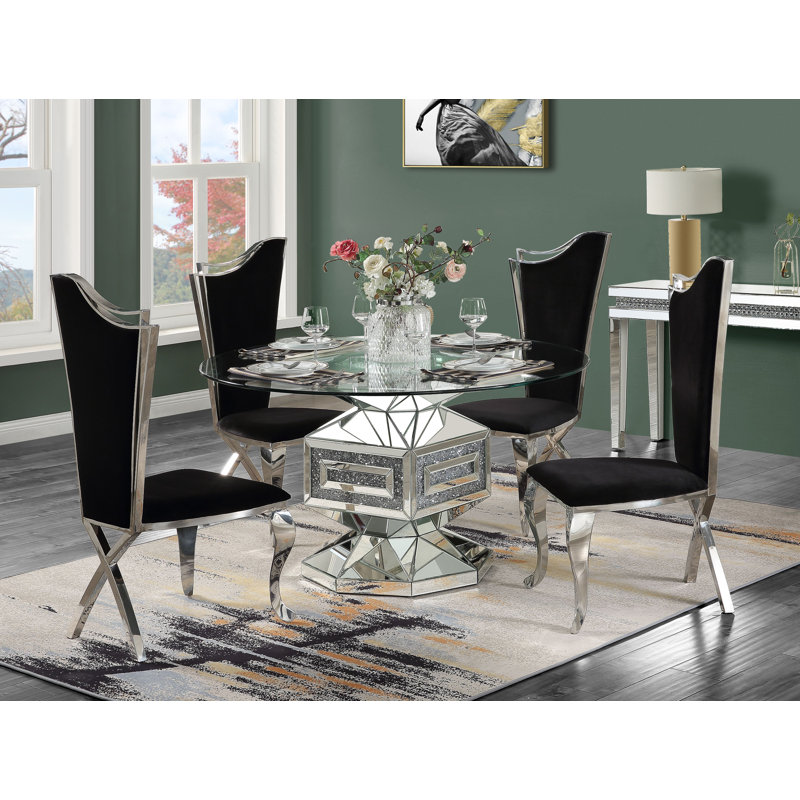 Brayden Studio® Darvon Round Dining Table with Glass Top in Mirrored ...