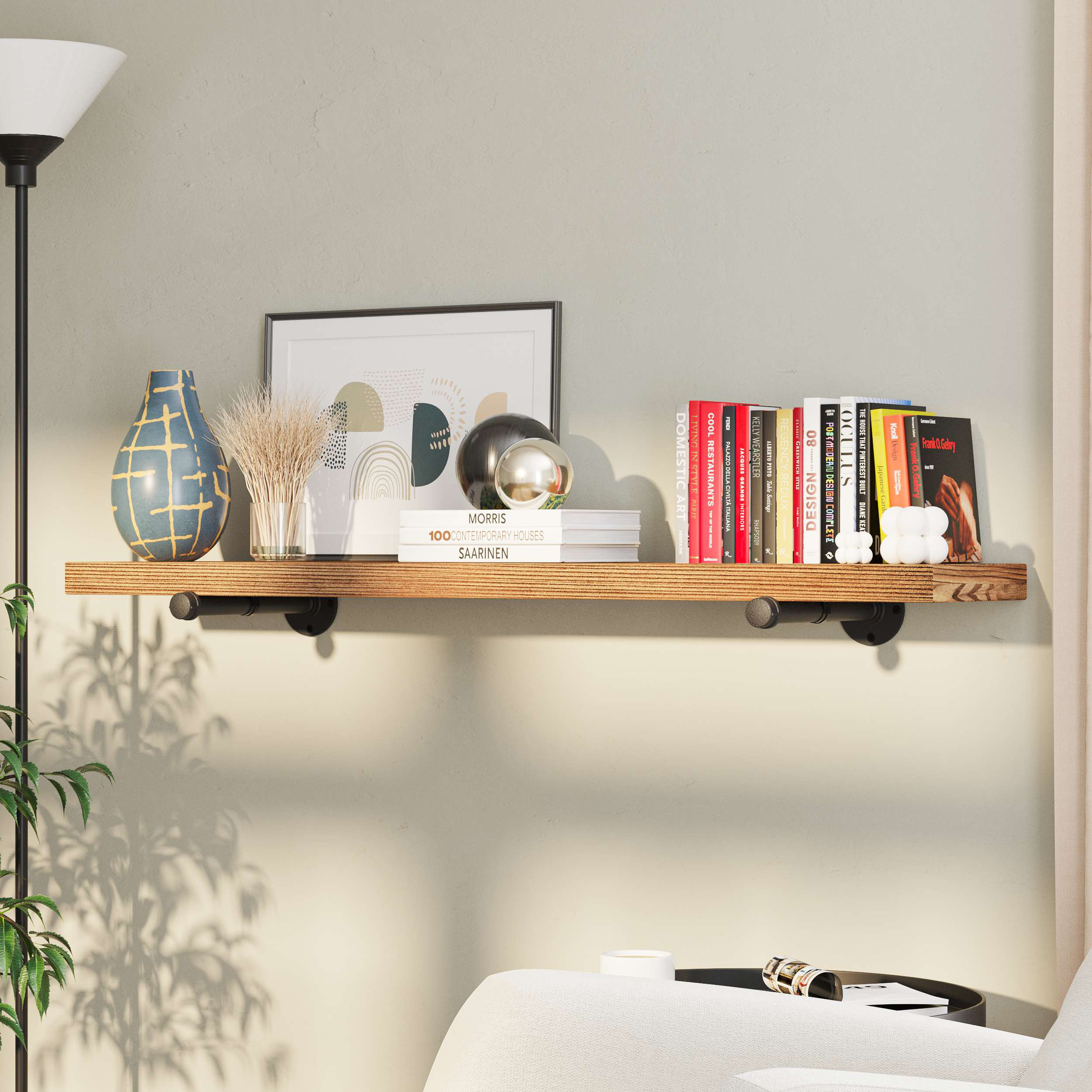17 Stories Vertell Long Wall Shelf, Industrial Pipe Shelving, Wooden ...