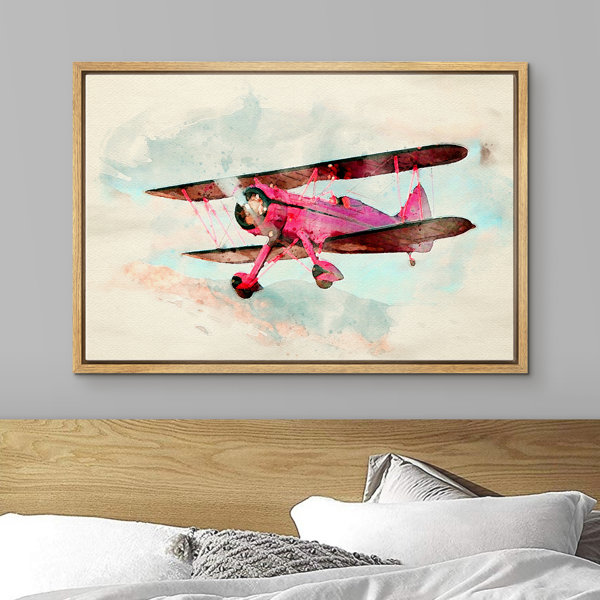 SIGNLEADER Vintage Watercolor Hot Pink Biplane Framed On Canvas Print ...