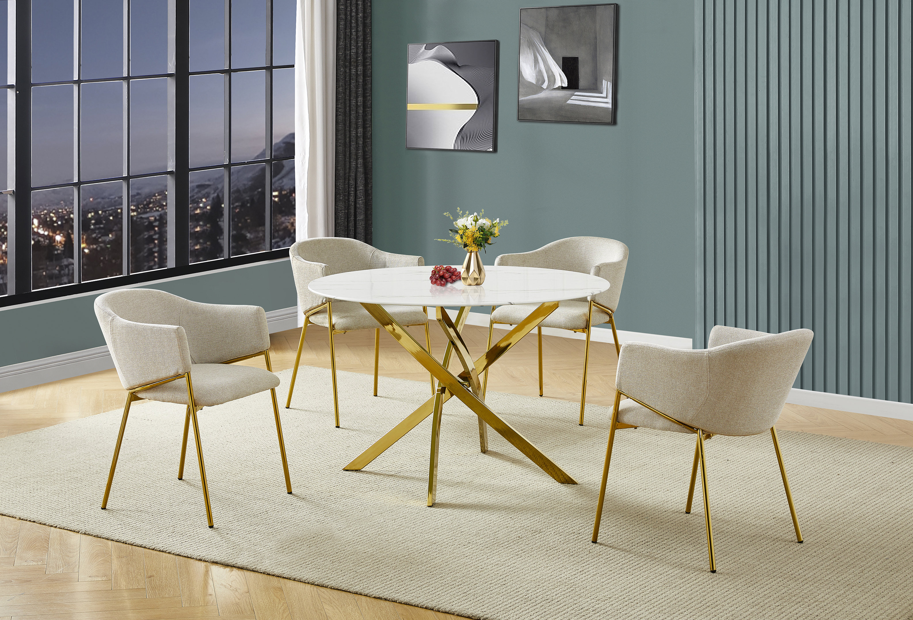 Mercer41 Round Glass With Marble Wrap Dining Set With Linen Arm Chairs ...