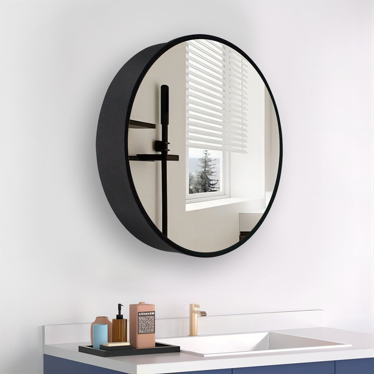 Mercer41 Idalene Surface Framed Round Medicine Cabinet Mirror ...