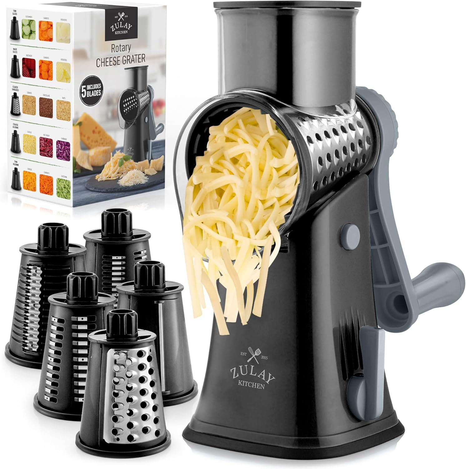 Zulay Kitchen Rotary Cheese Grater with 5 Stainless Steel Blades and ...