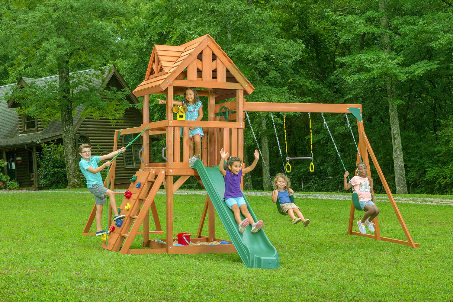 Creative Cedar Designs Mountain View Lodge Playset W/ Wooden Roof ...