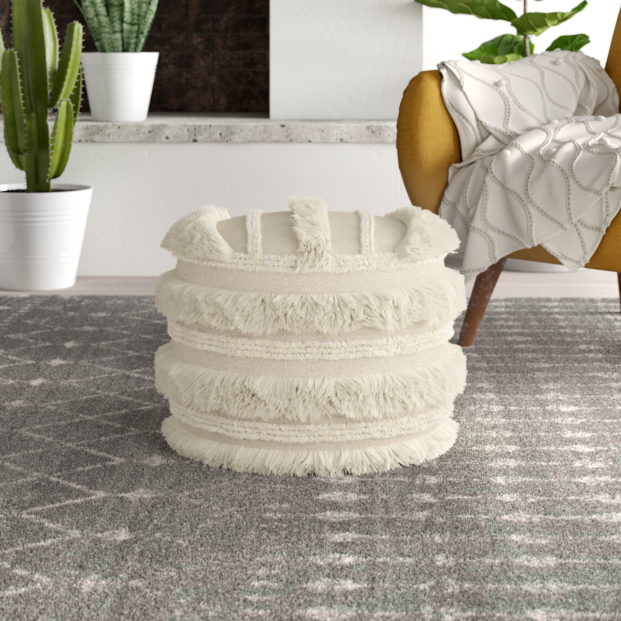 Bungalow Rose Felim Bohemian Striped Handmade Cotton Round Upholstered ...