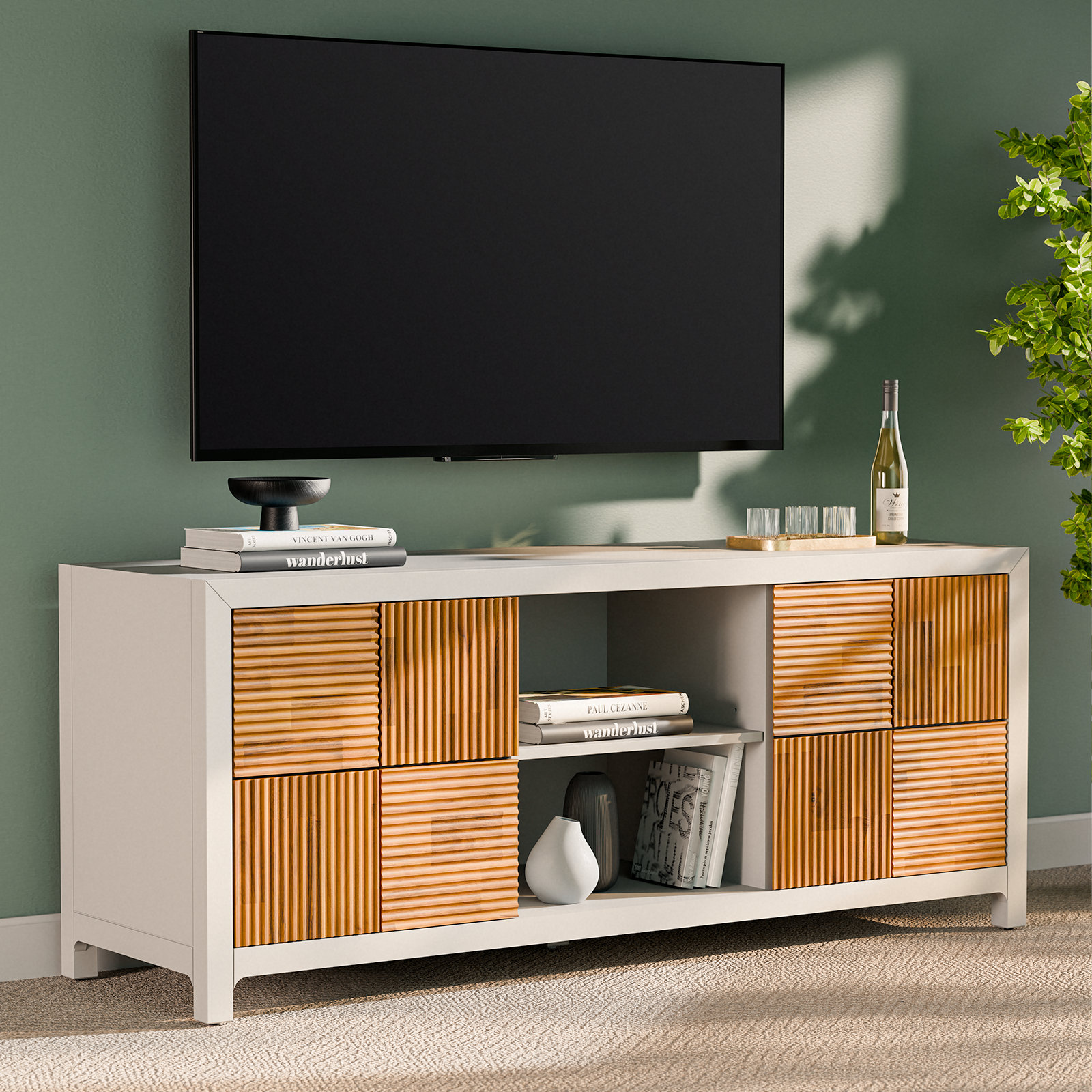 Ebern Designs Madia Solid Wood Fully Assembled TV Stand for TVs up to ...