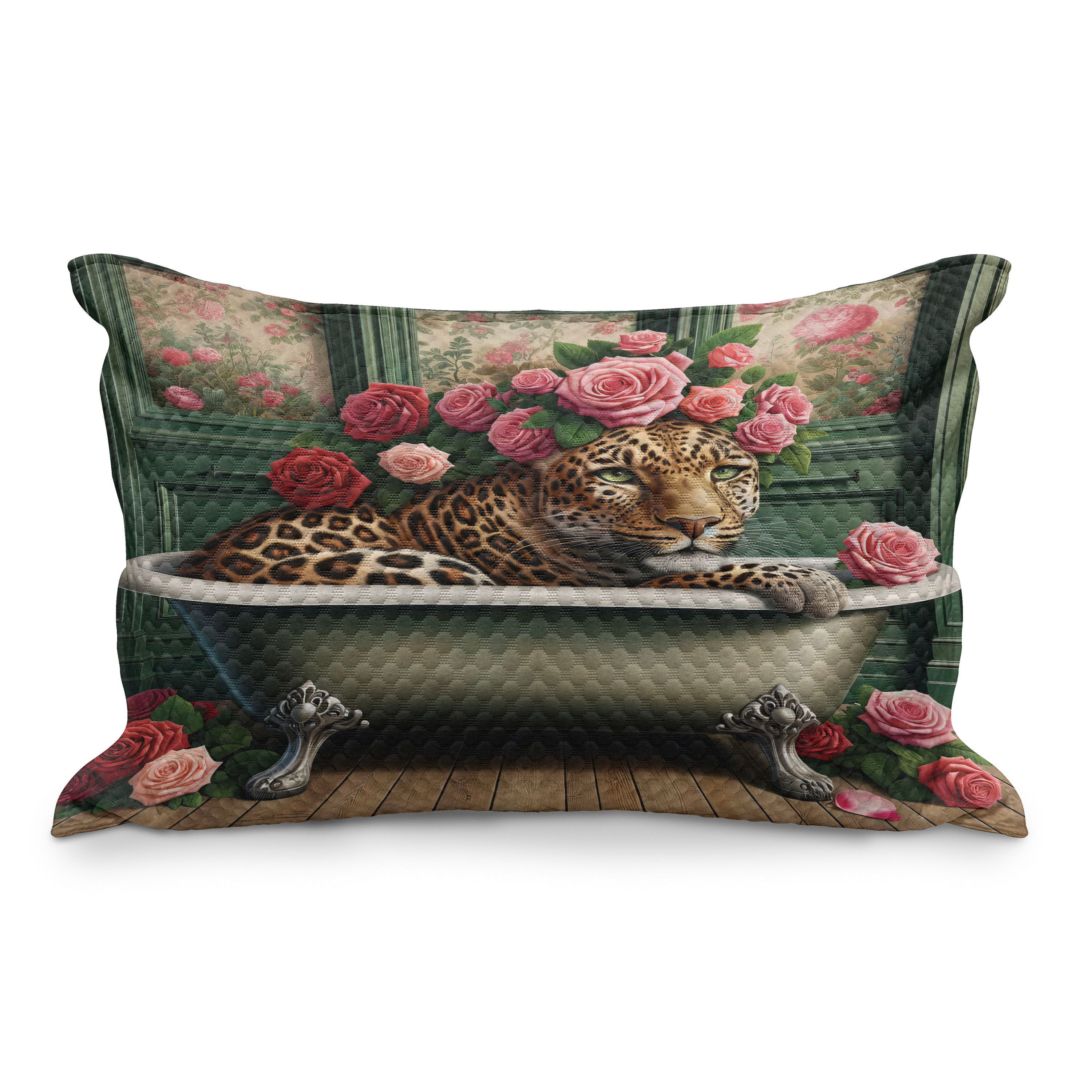 Ambesonne Leopard Quilted Pillowcase English Roses Wild Animal, Reseda ...