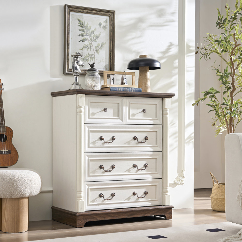 Alcott Hill 5 Drawer Dresser Chest with Base Wooden Rustic Chest of ...