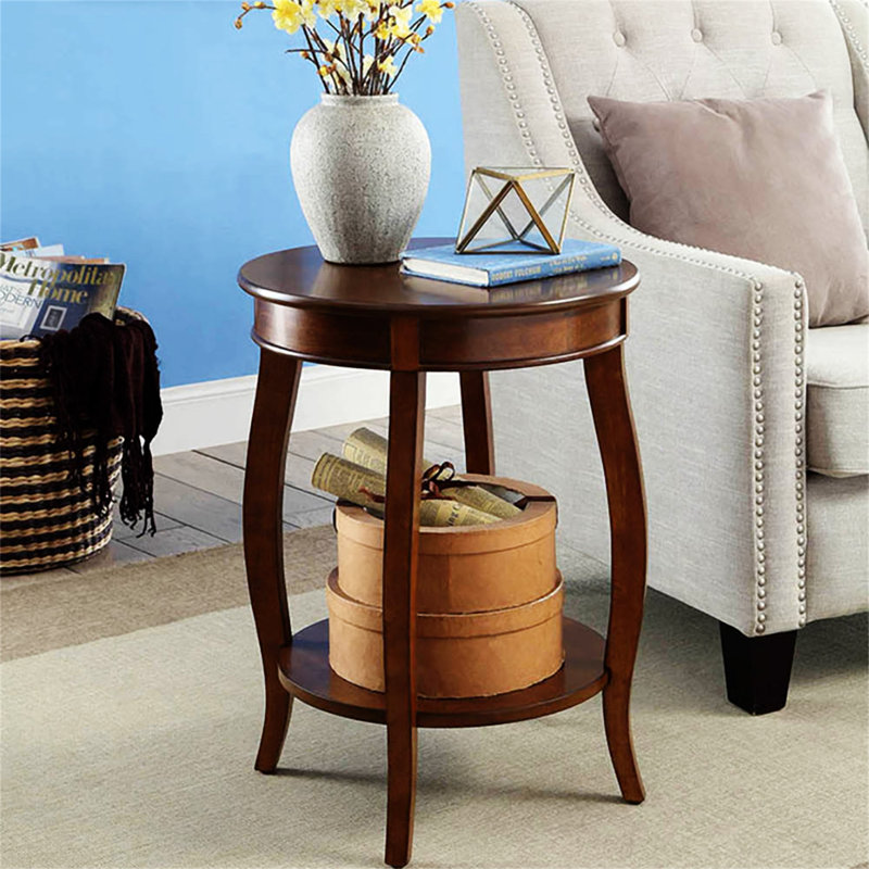 Winston Porter Walnut Round Side Table With Bottom Shelf,Small Coffee ...