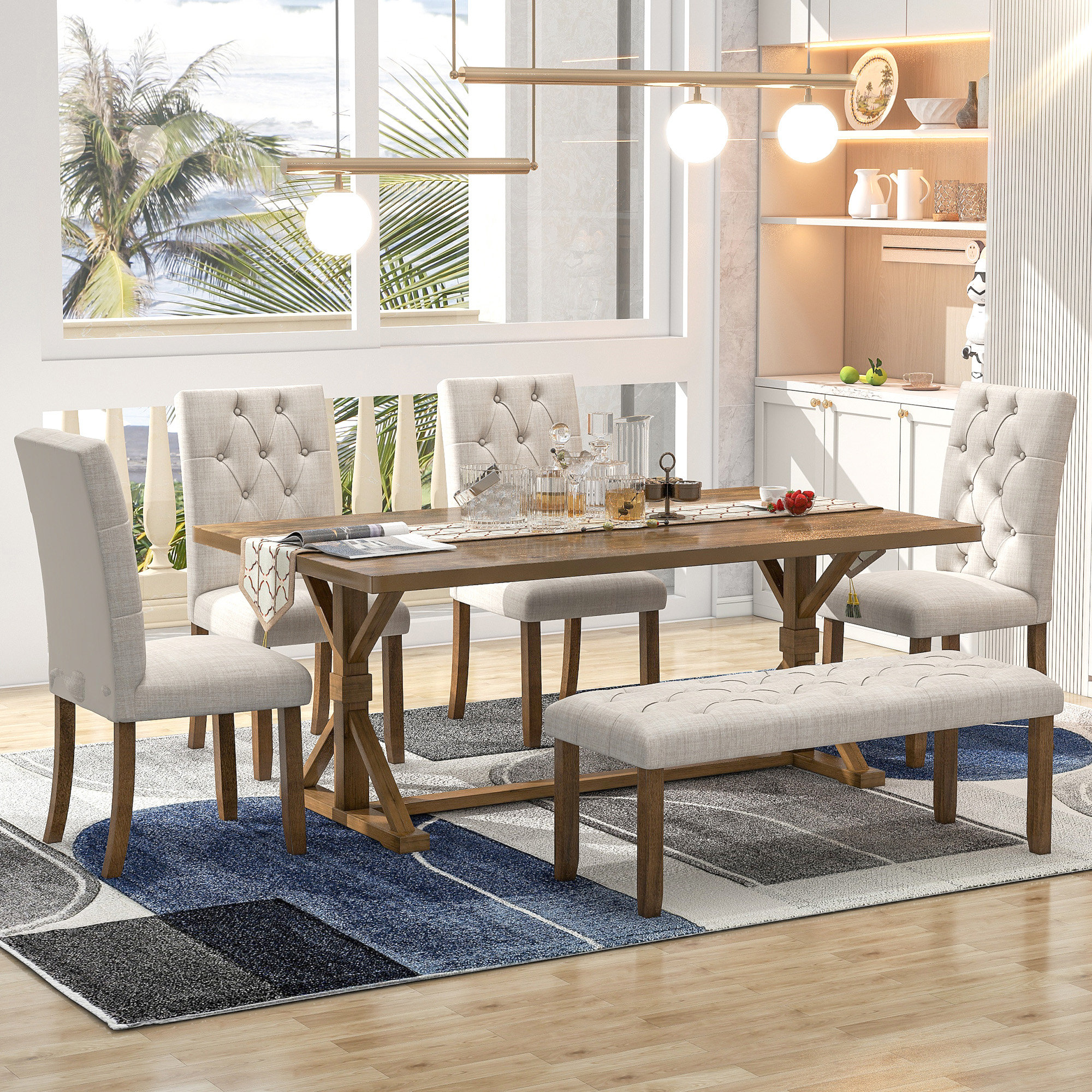 Ophelia & Co. 6-Piece Farmhouse Dining Table Set 72" Wood Rectangular ...