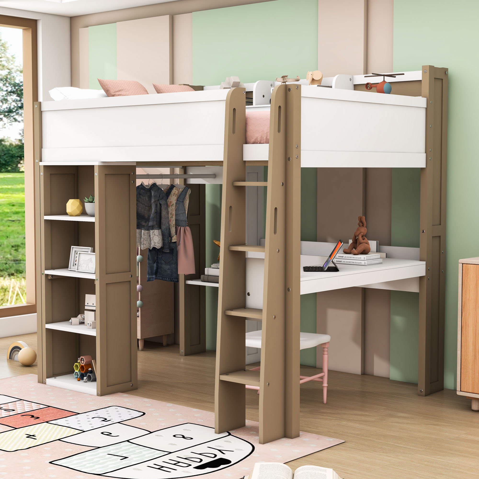 Isabelle & Max™ Full Size Wood Loft Bed With Integrated Storage Shelves ...