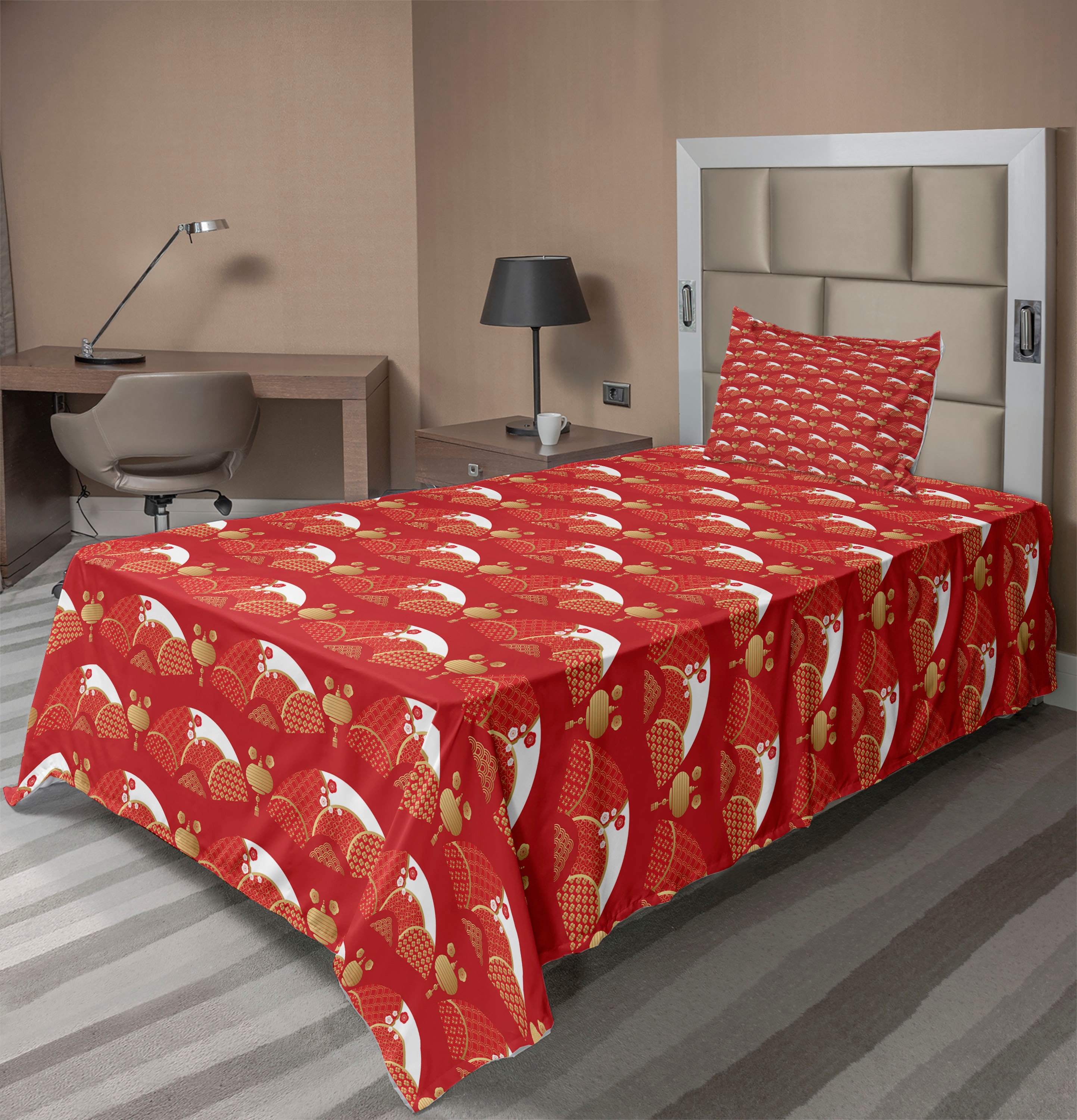 Ambesonne Asia Sheet Set Japanese Scales Flowers Circle Ruby Orange and ...