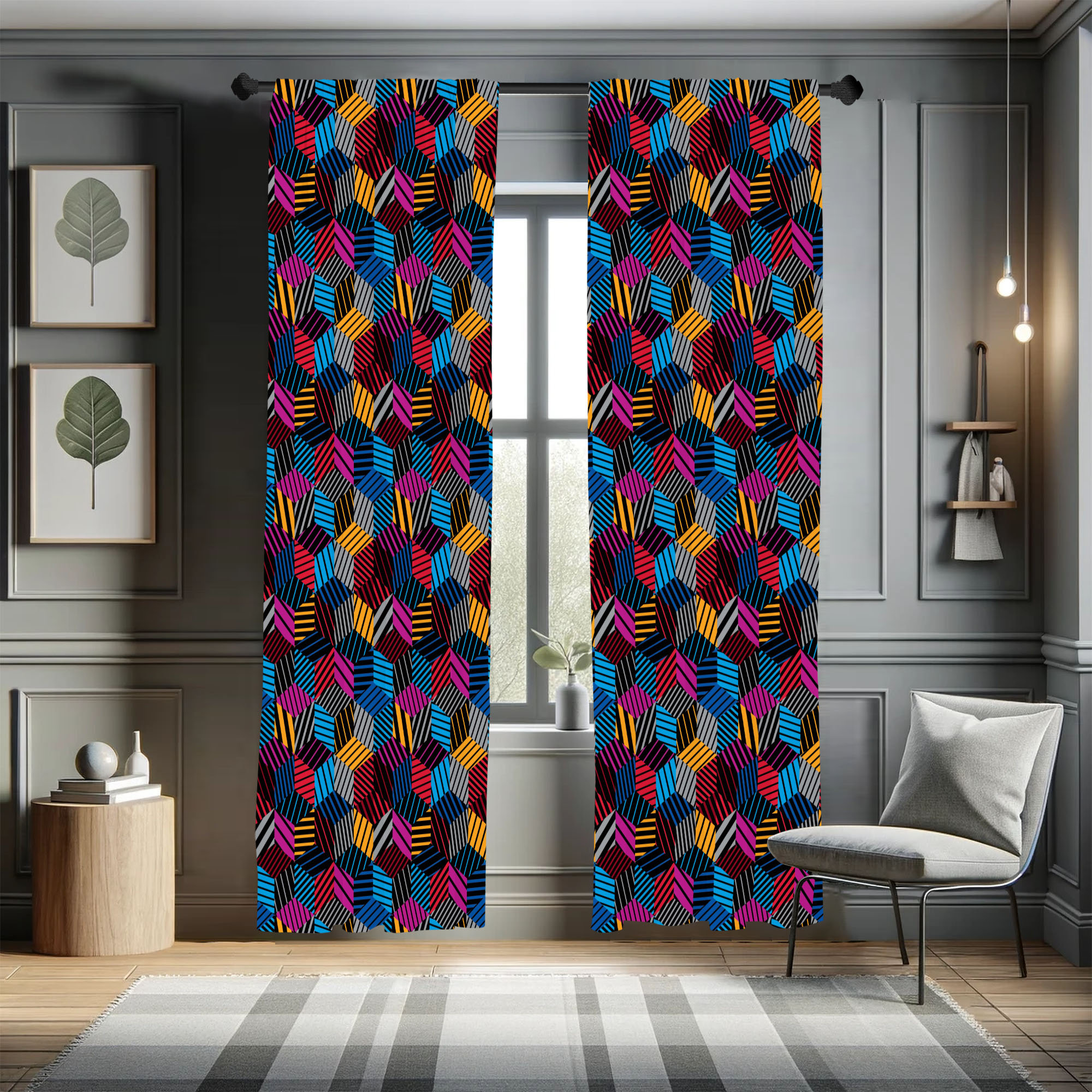 Dakota Fields Geometric Curtains, 3D Cube Stripes Style | Wayfair