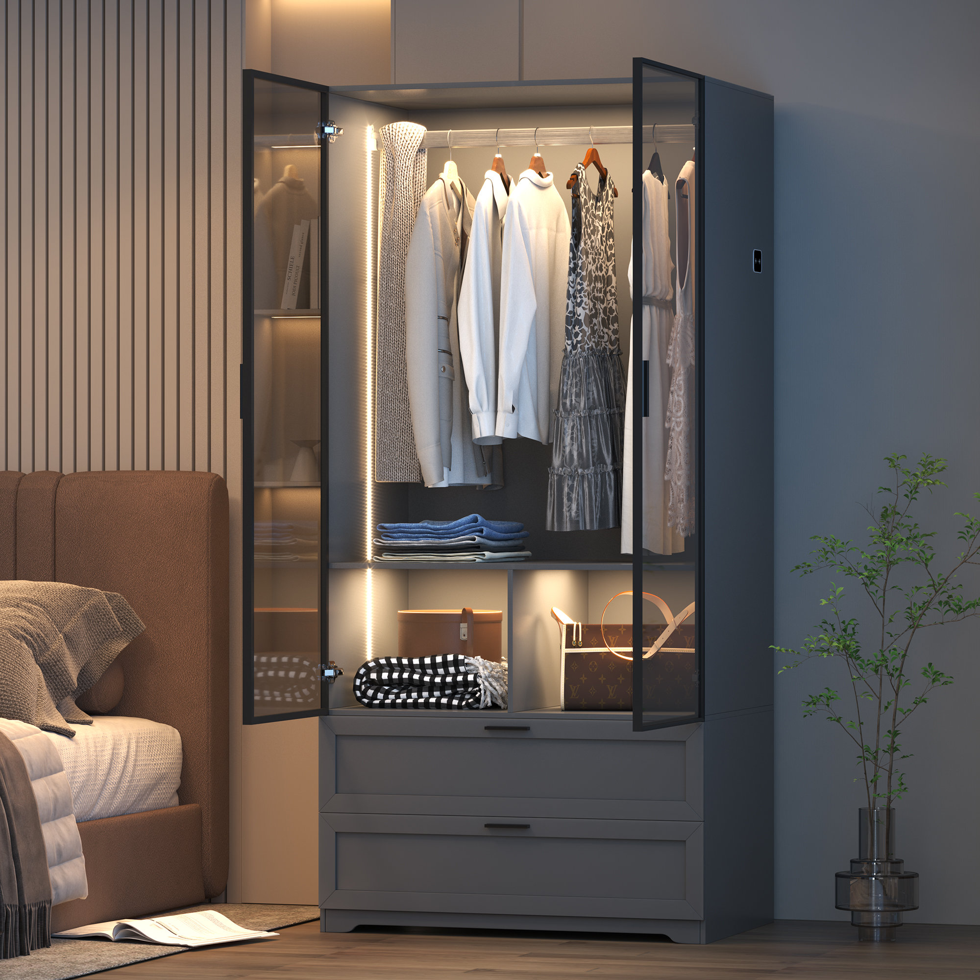 Wade Logan® Bubalo Armoire, Wardrobe with Human Body Sensor Light ...