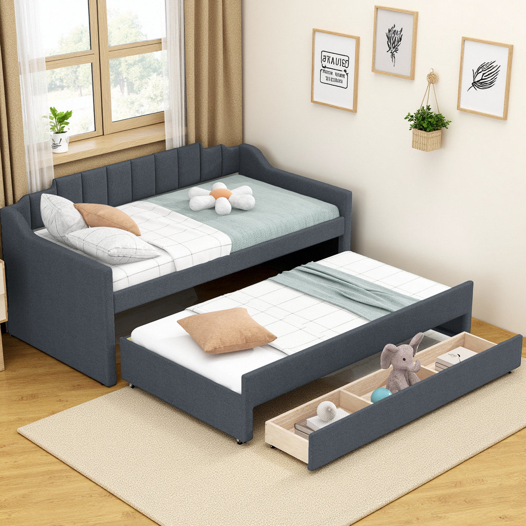 Latitude Run® Timeless Twin Upholstered Daybed with Trundle & 3 Drawers ...