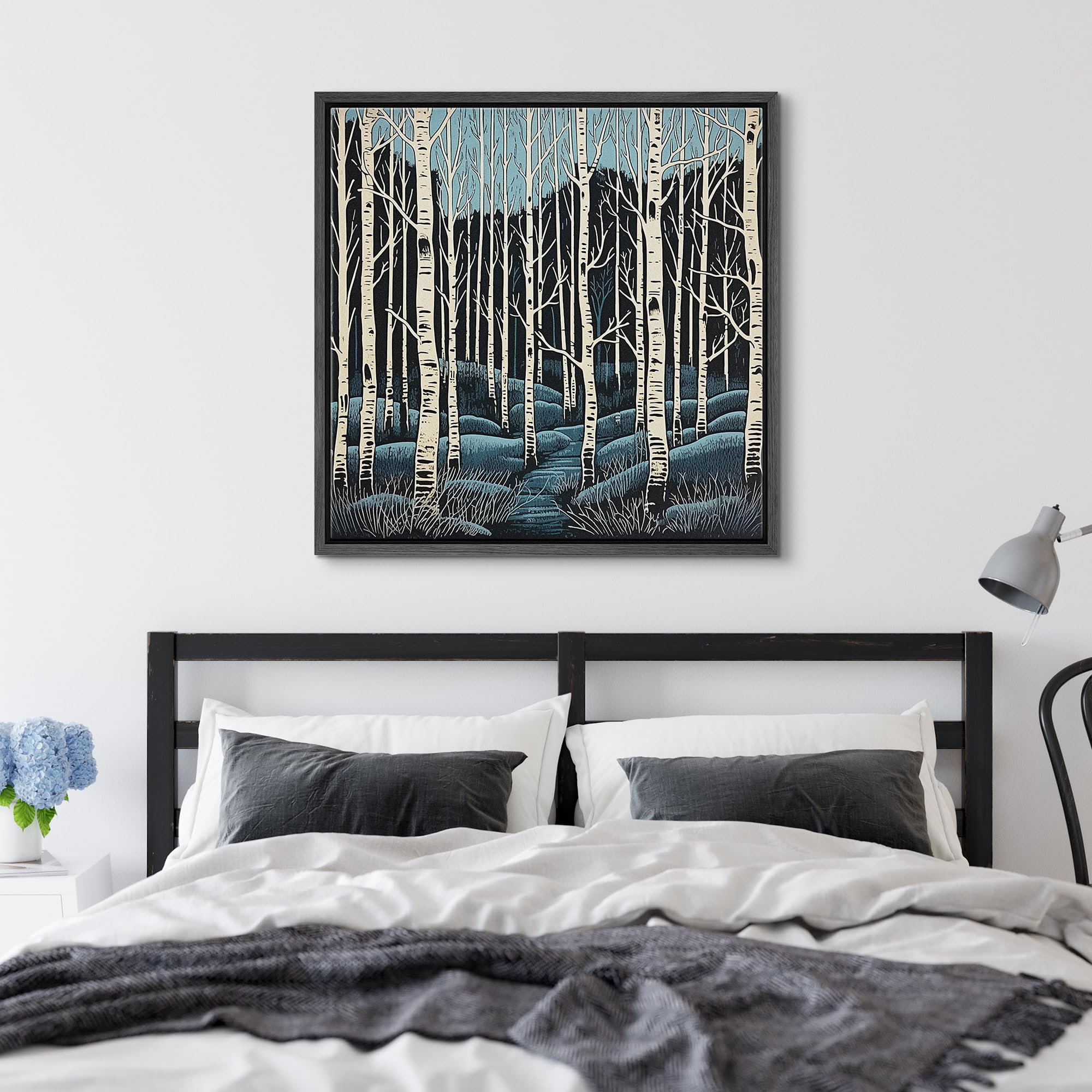 wall26 Midnight Blue Birch Forest Silhouetted Trees Against Night Sky ...