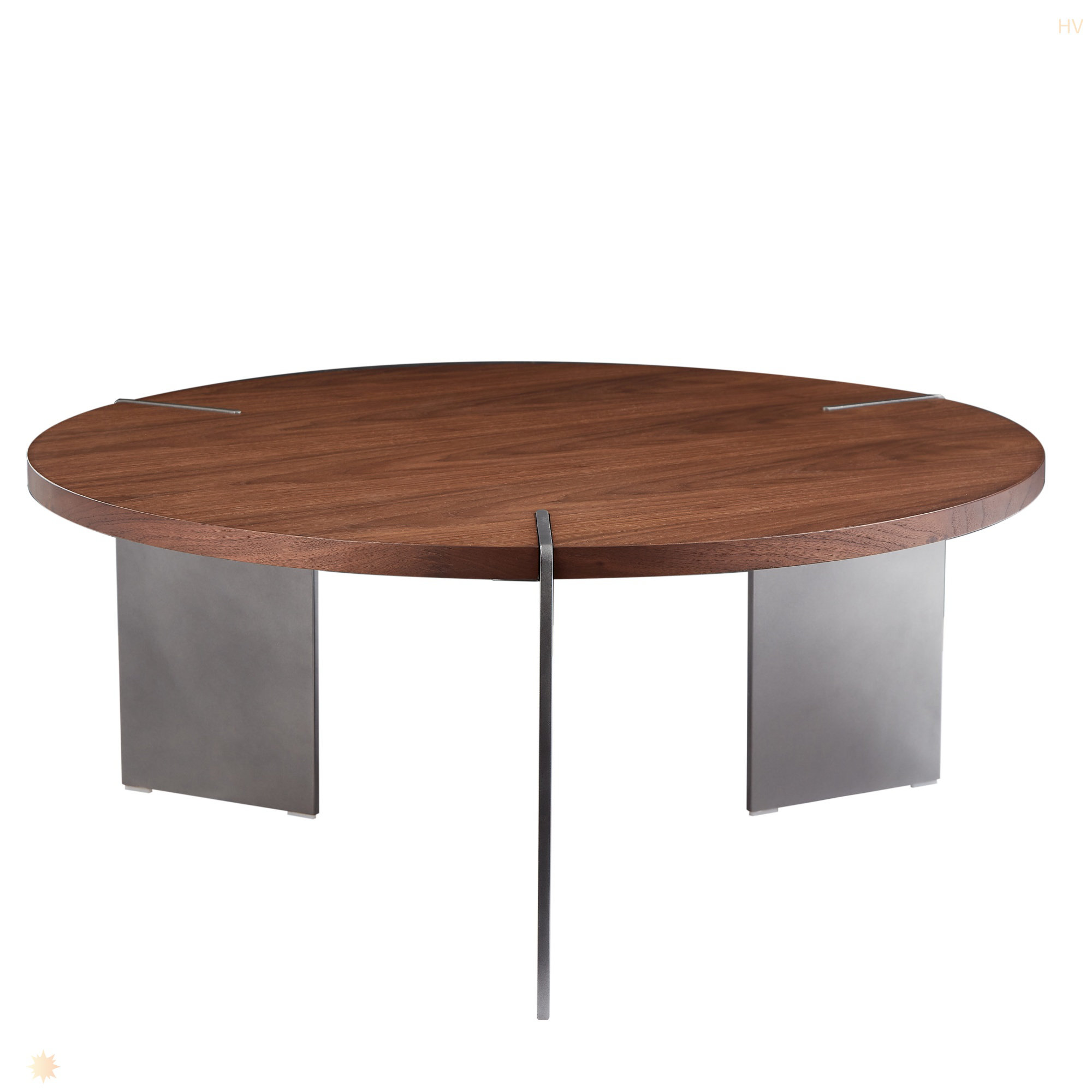Everly Quinn Round Coffee Table Walnut Wood Surface And Black Metel ...