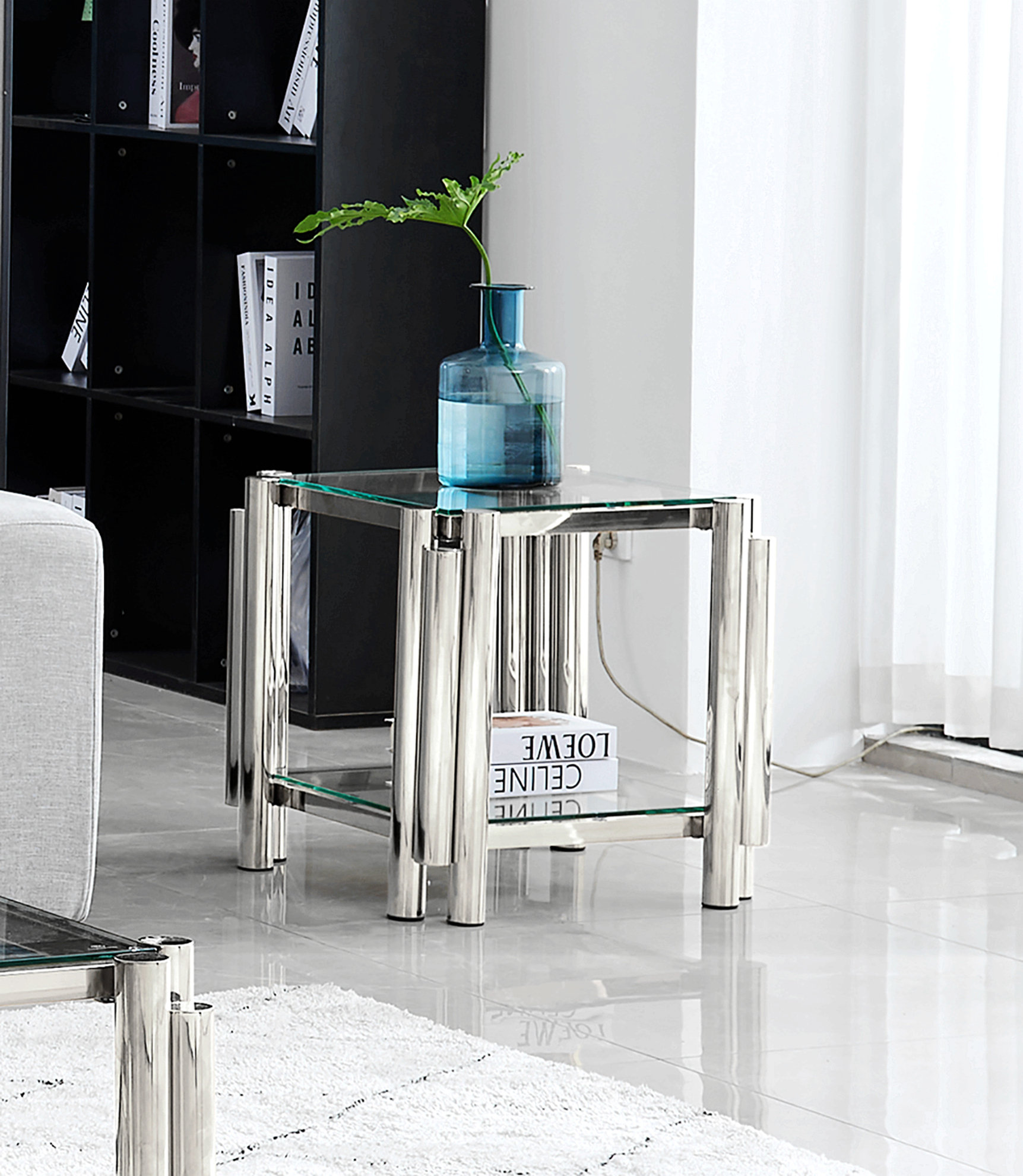 Mercer41 Square Stainless Steel End Table, Double-Layer Tempered Glass ...