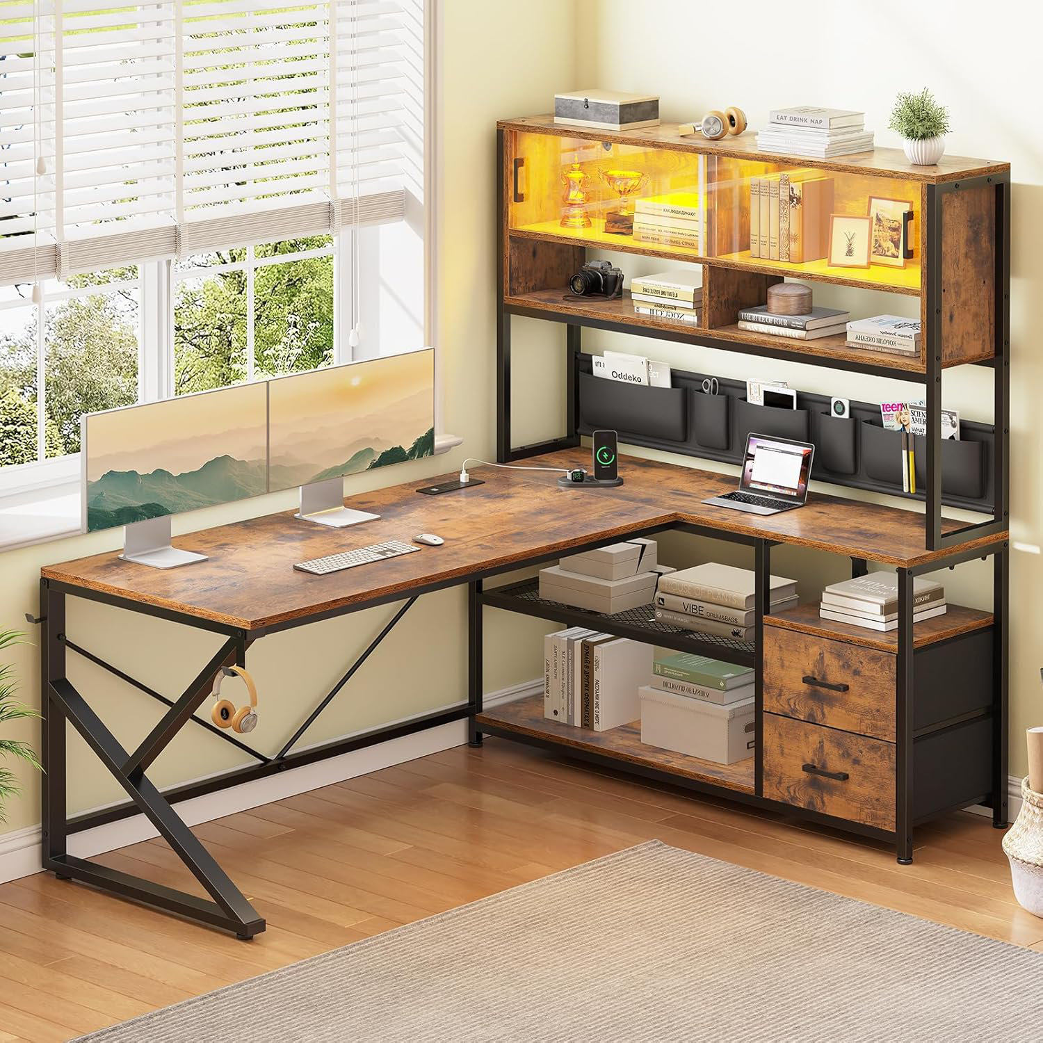 Inbox Zero 59" L Shaped Computer Desk With 2 Drawer and Bookshelf ...