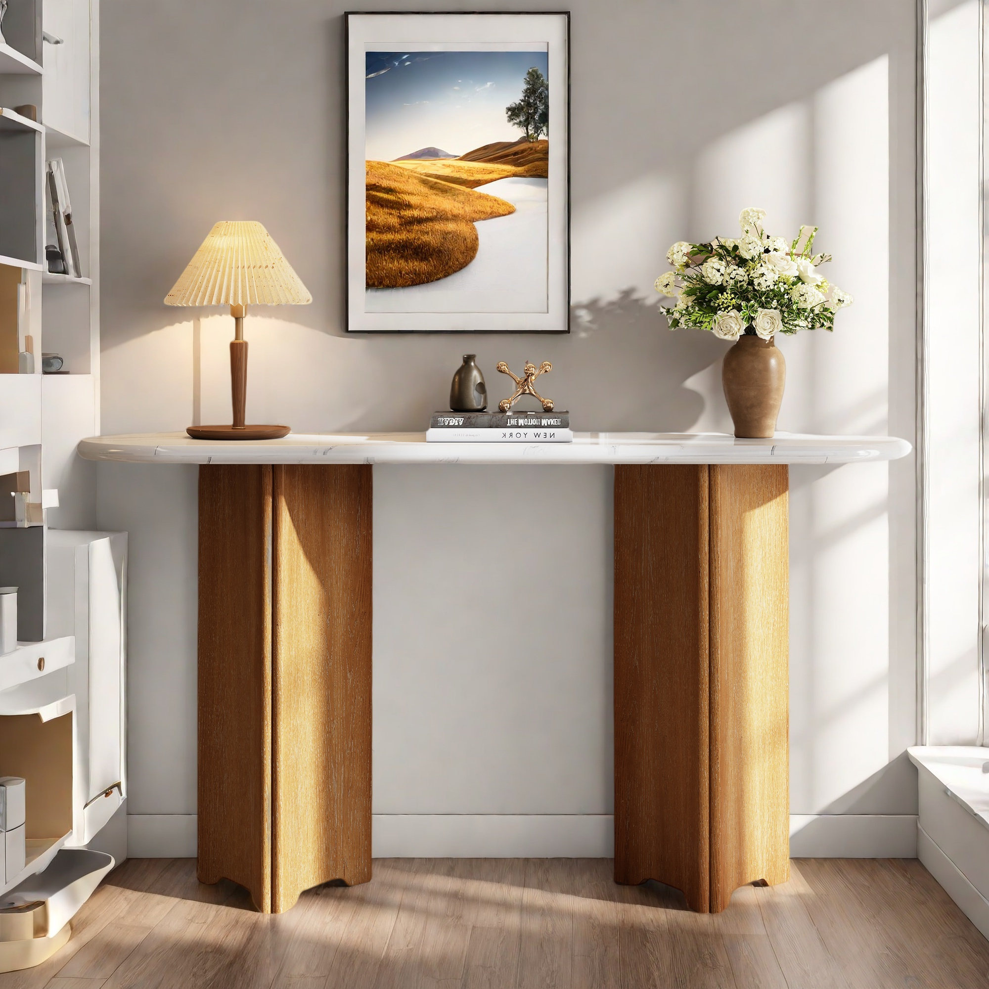 Ivy Bronx Narrow Console Table With Oval Marble Top, Curved Legs And ...