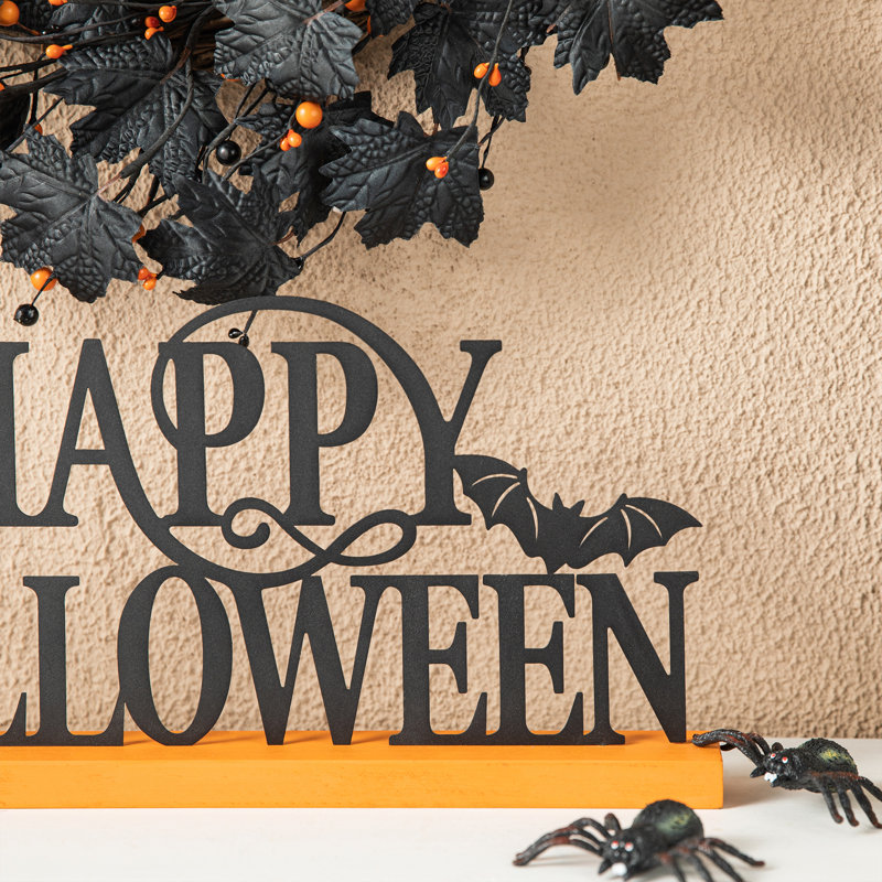 The Holiday Aisle® 18"L Halloween Wood & Metal "HAPPY HALLOWEEN" Table ...
