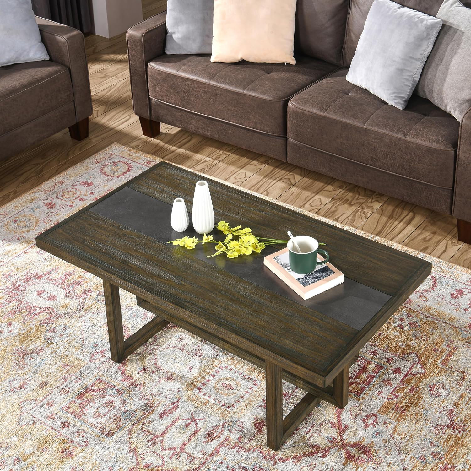 Ebern Designs Rectangular Coffee Table For Living Room, Solid Wood Coffee Tables With Cross ...