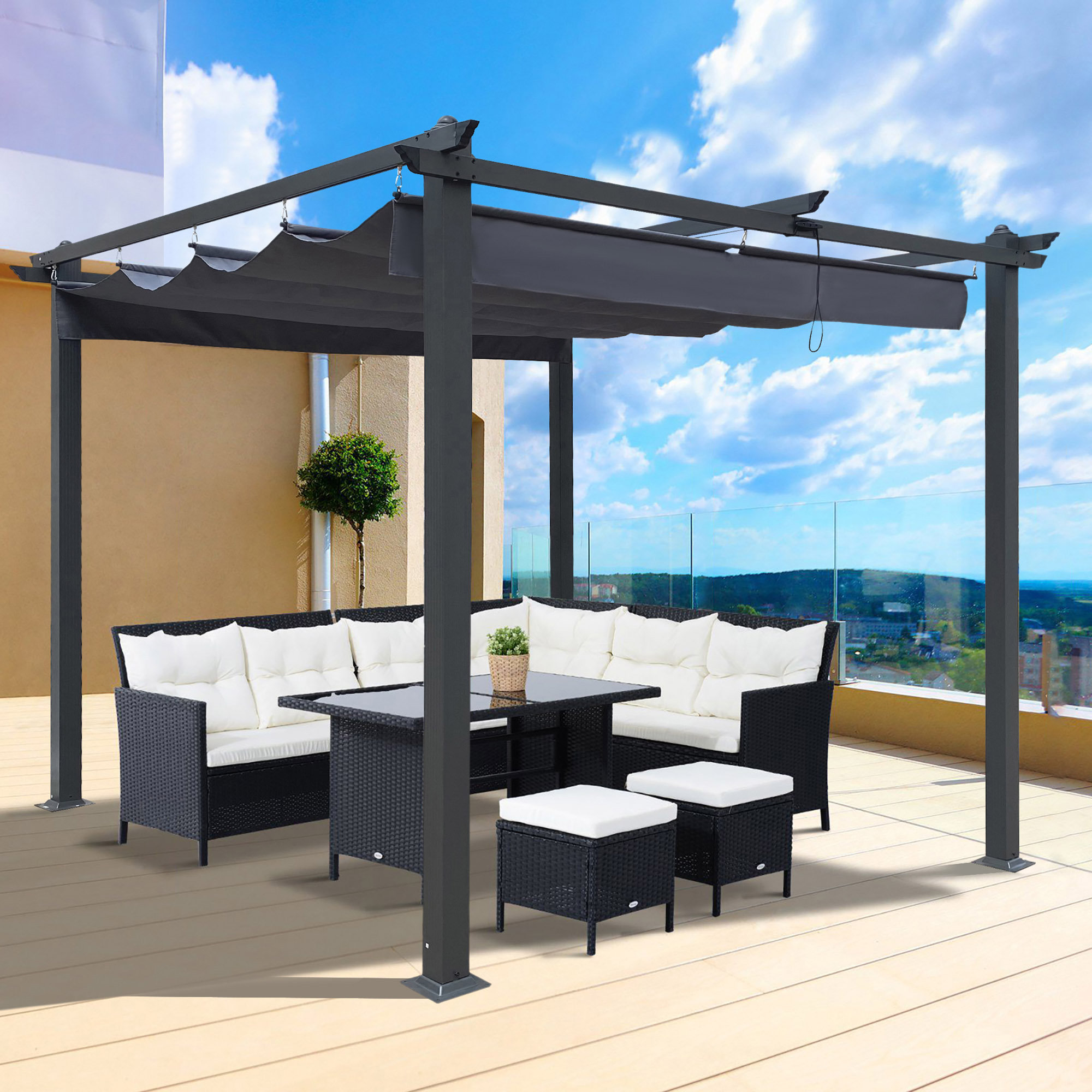Arlmont & Co. Outdoor Patio Retractable Pergola With Canopy Sunshelter ...