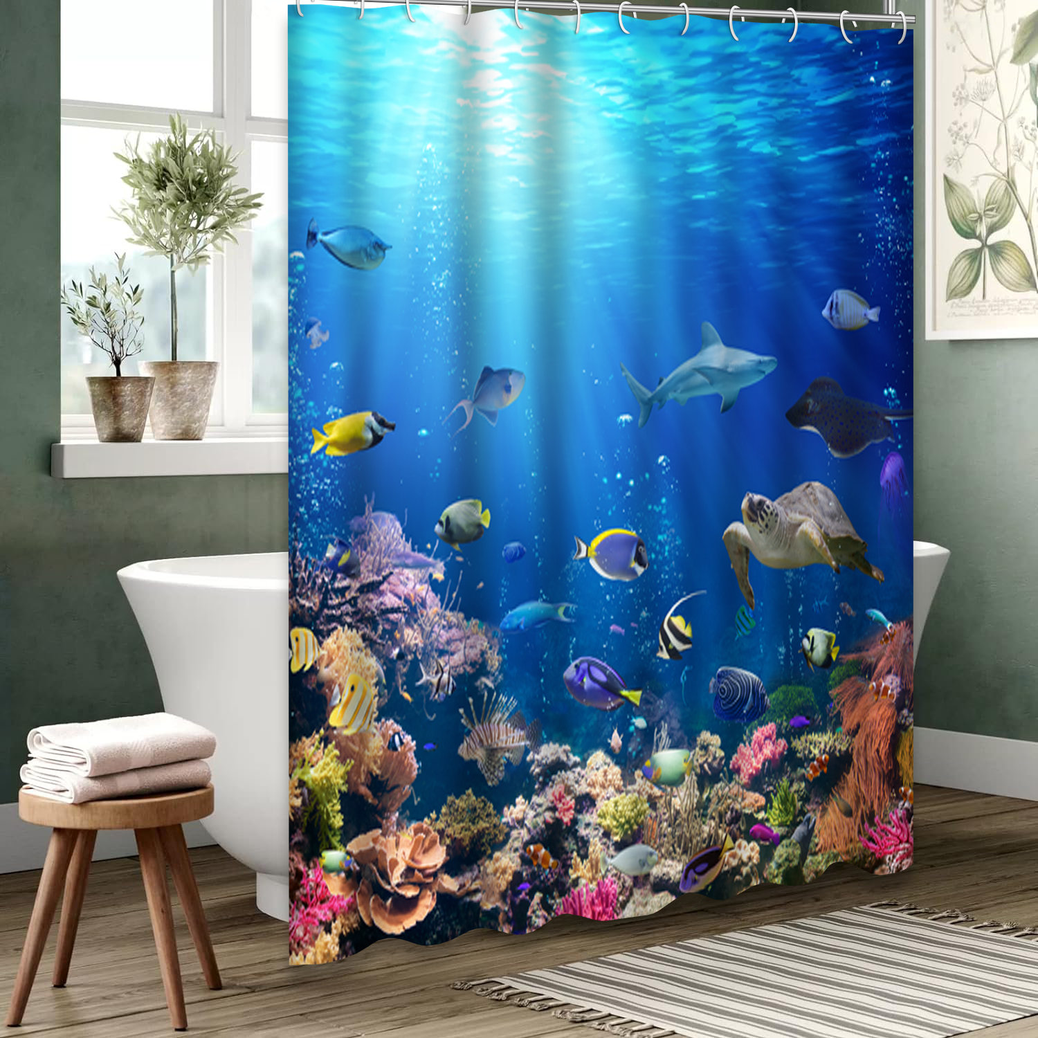 East Urban Home Tropical Fish Underwater Scene Coral Reef Shower ...