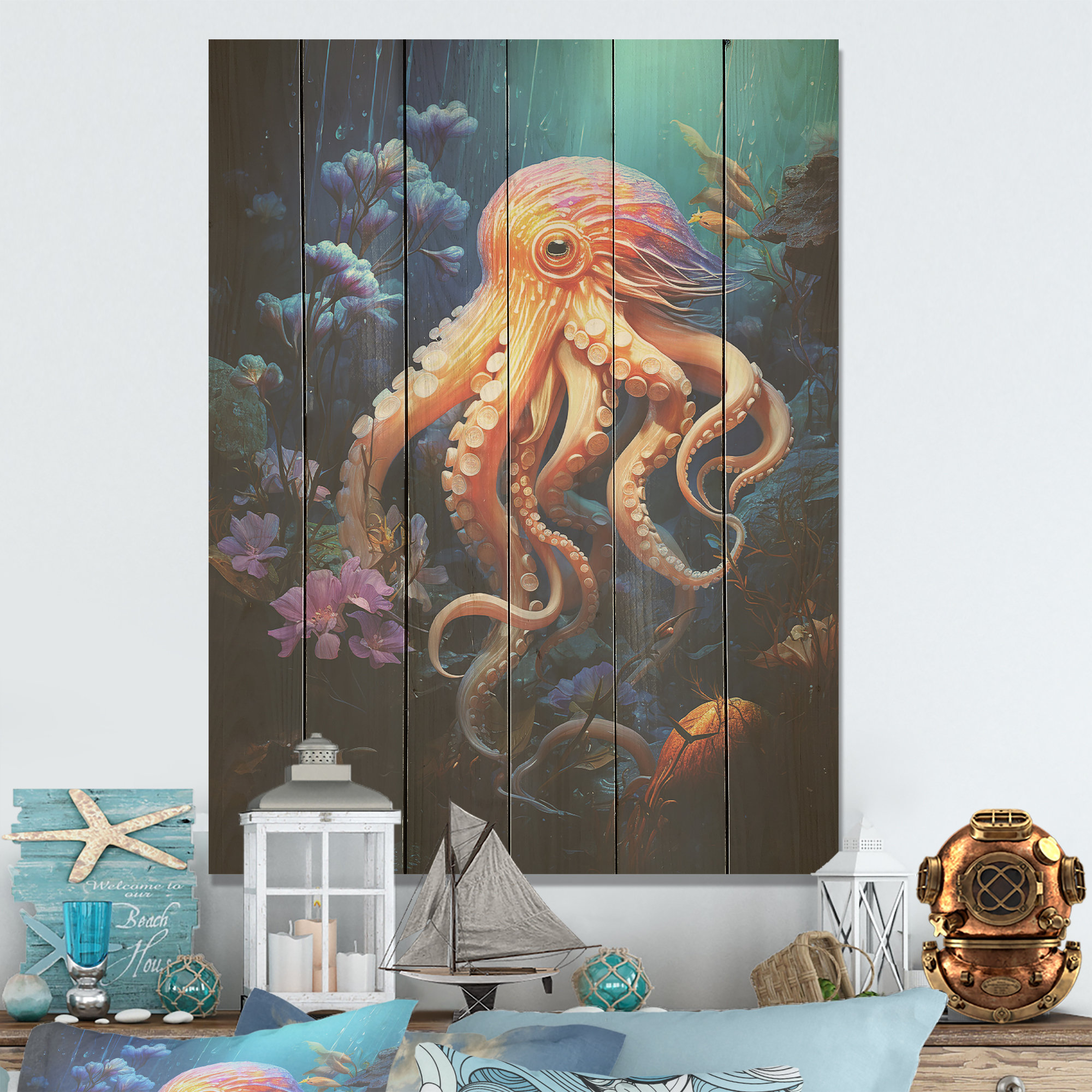 Beachcrest Home Popart Octupus Impression - Octopus/Squid Wood Art On ...