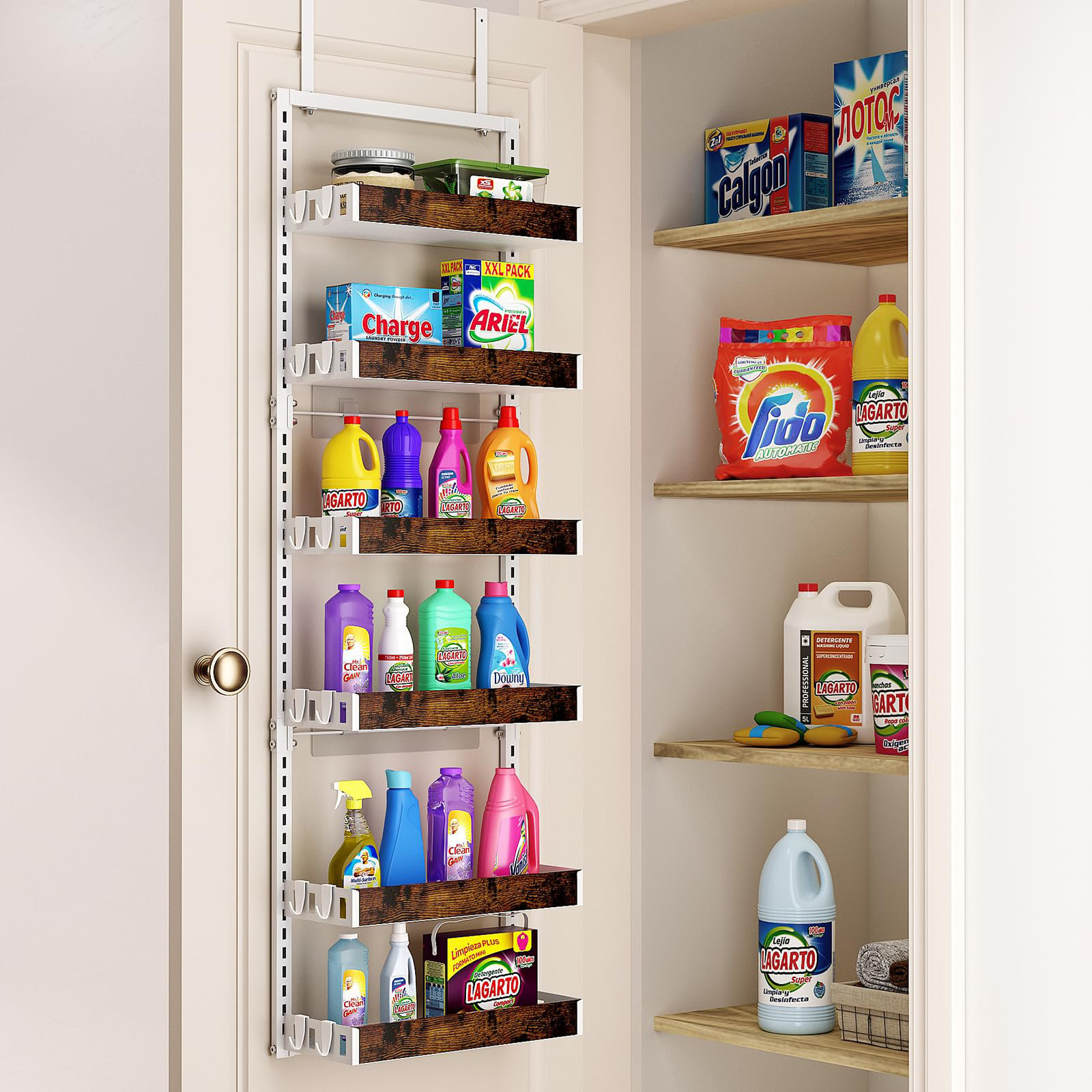 Williston Forge Over Door Storage Rack, 6 Tier Adjustable Wooden Basket ...