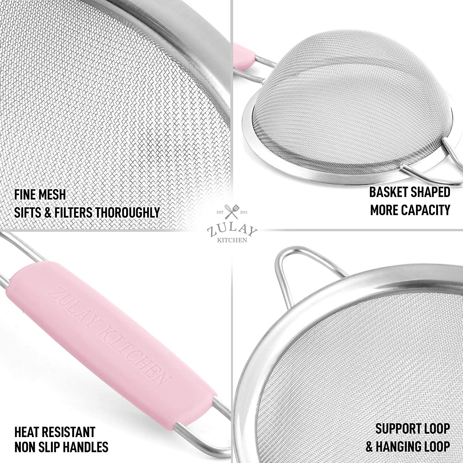 Zulay Kitchen Premium Stainless Steel Fine Mesh Strainer Set (includes ...