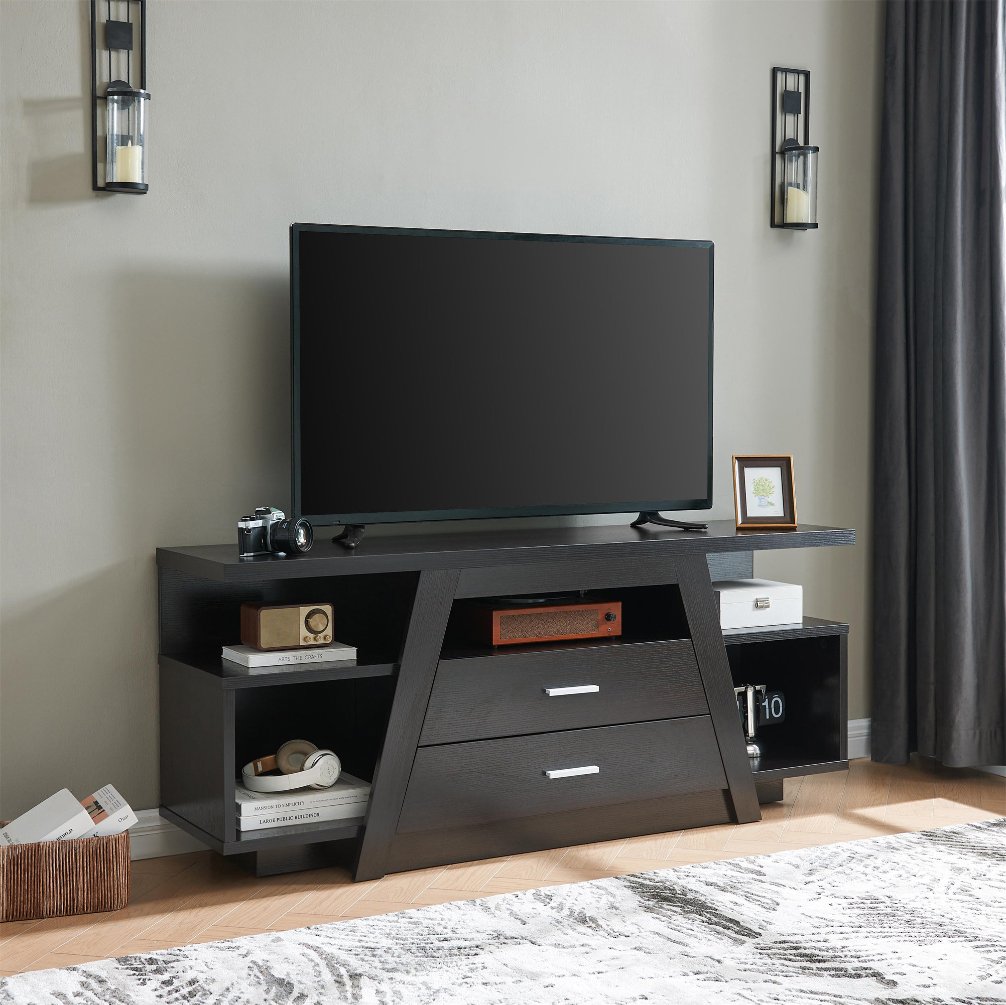 Ivy Bronx Modern Two-Drawer TV Stand With Tall Design And Divided Shelf ...