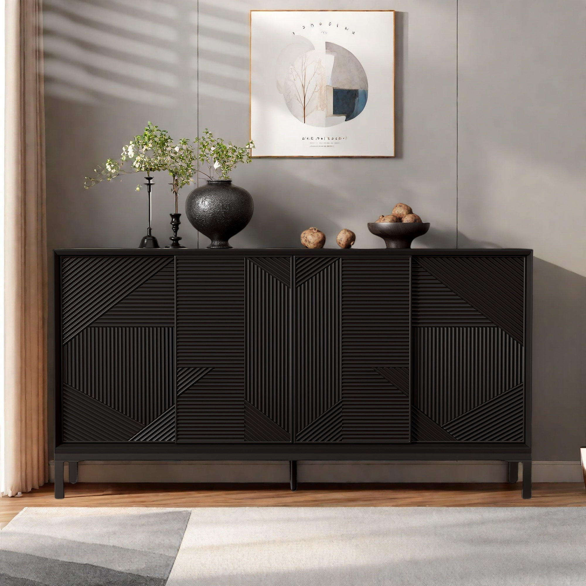 Ebern Designs Modern Geometric Sideboard With Vertical Striped Design ...