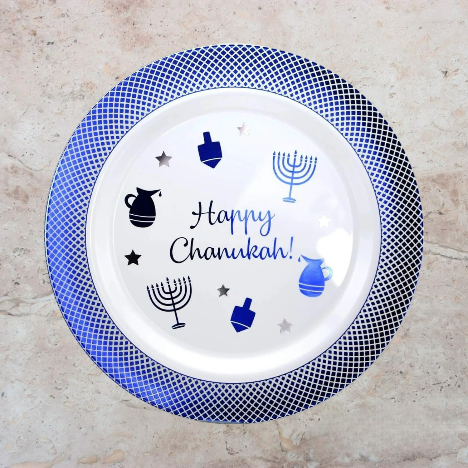 EcoQuality 12 Inch Round White Plates with Blue Rim Chanukah Design ...