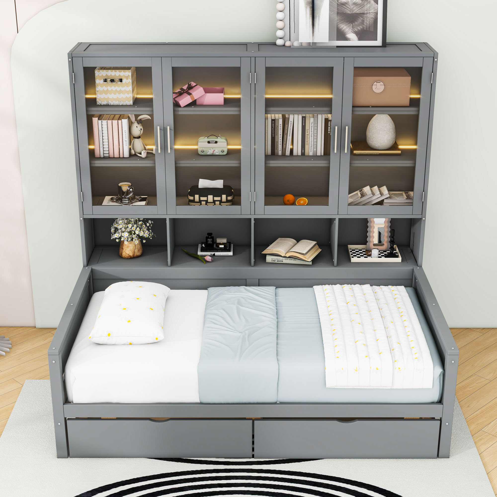 Wrought Studio™ Wooden Daybed with Glass-Door Cabinet, LED Lighting and ...