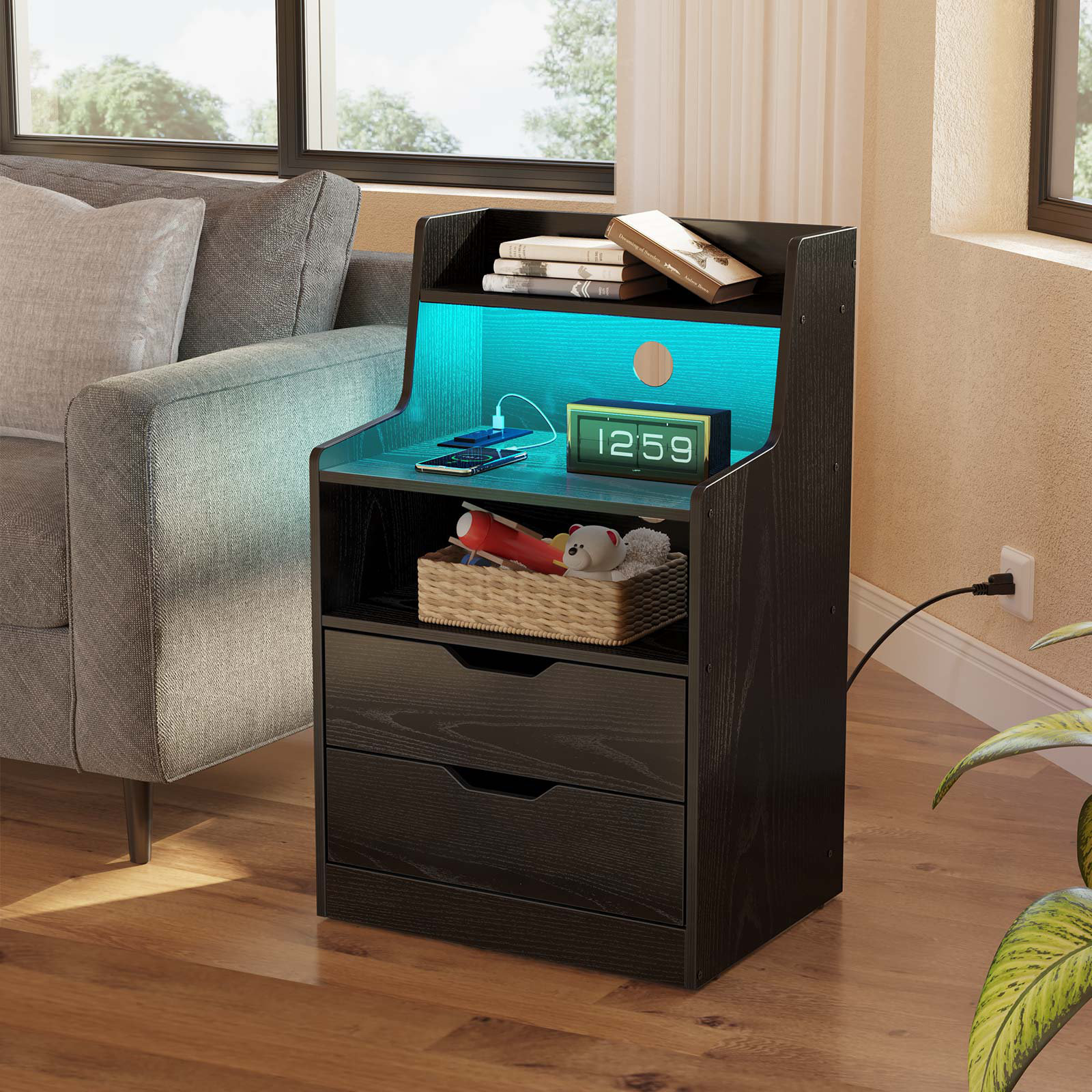 Wrought Studio Charlotteann Nightstand with Charging Station and LED ...