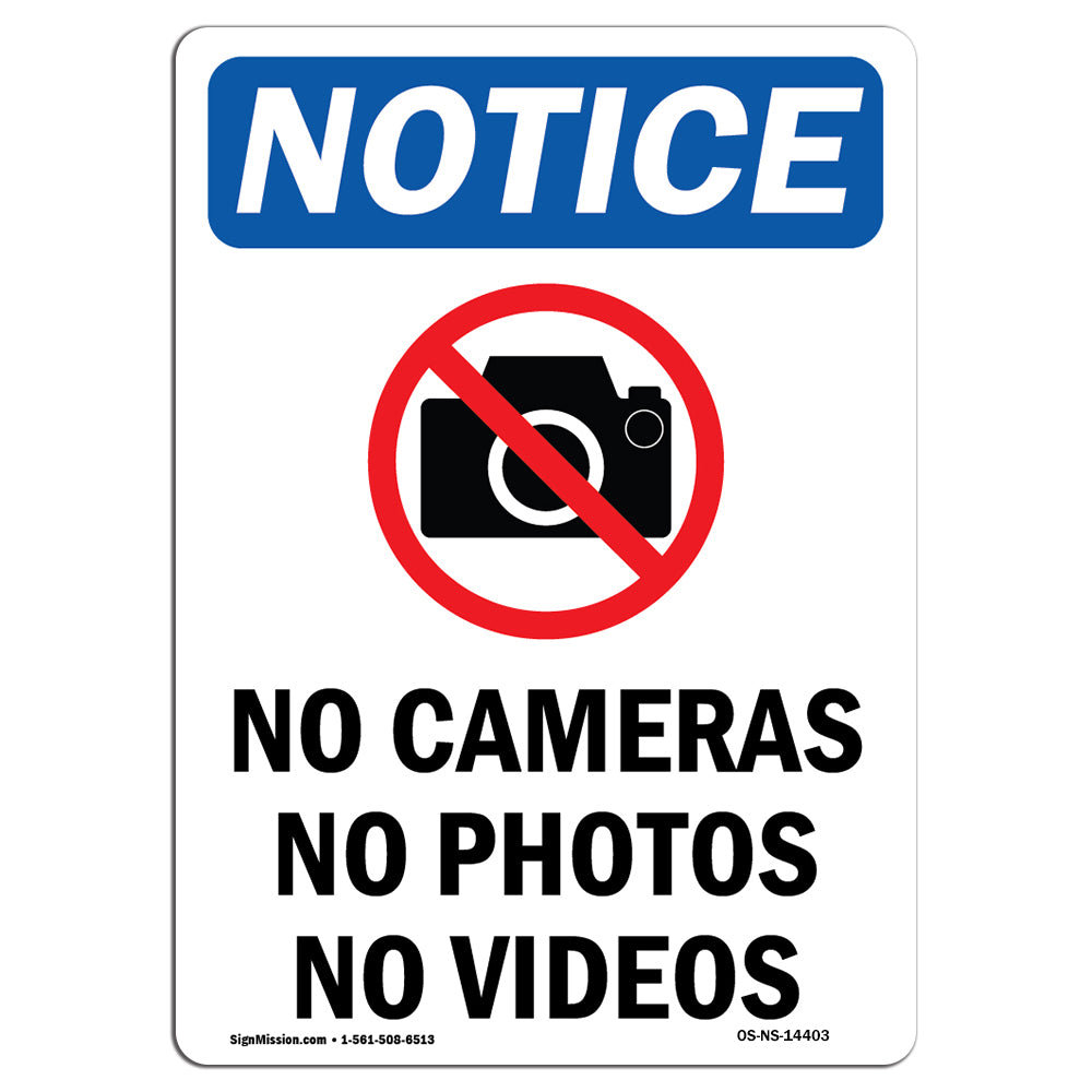 SignMission OSHA Notice - No Cameras No Photos Sign With Symbol | Heavy ...