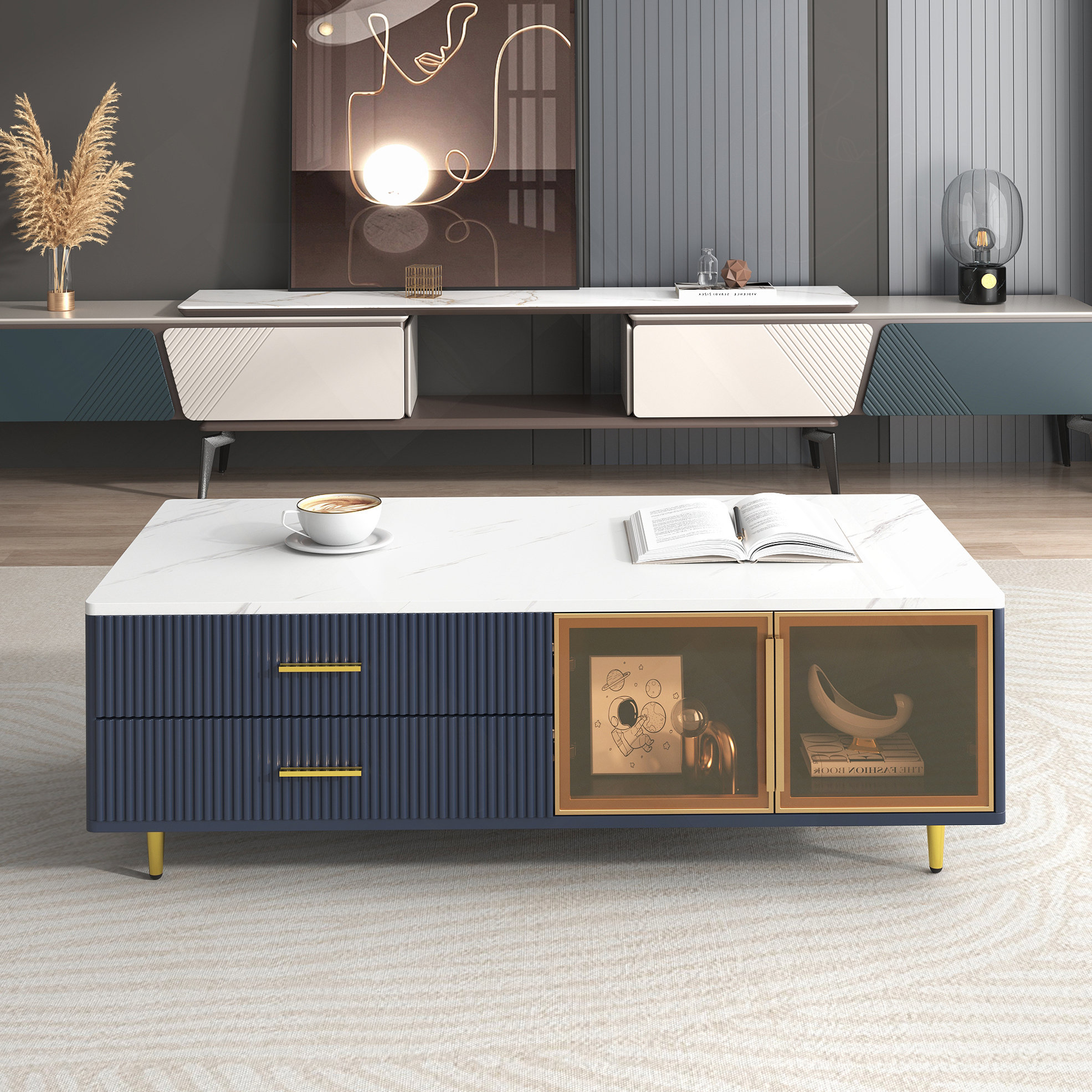 Mercer41 Modern Navy Blue Coffee Table with 2 Glass Door Storage, 4 ...