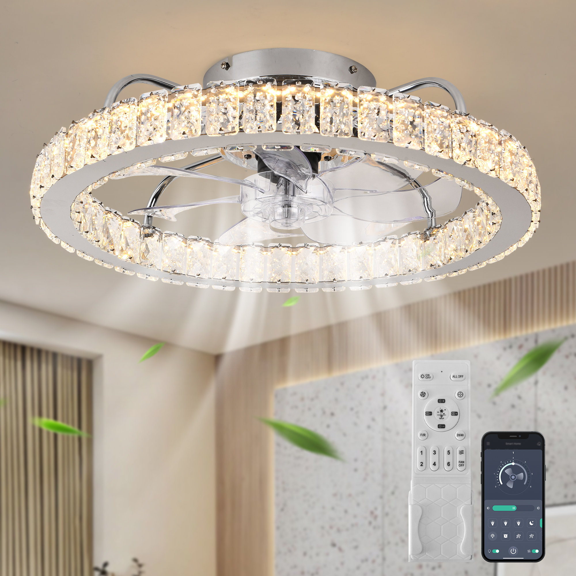 Blue Elephant 50cm Dimmable Crystal Ceiling Fan with LED Light and ...