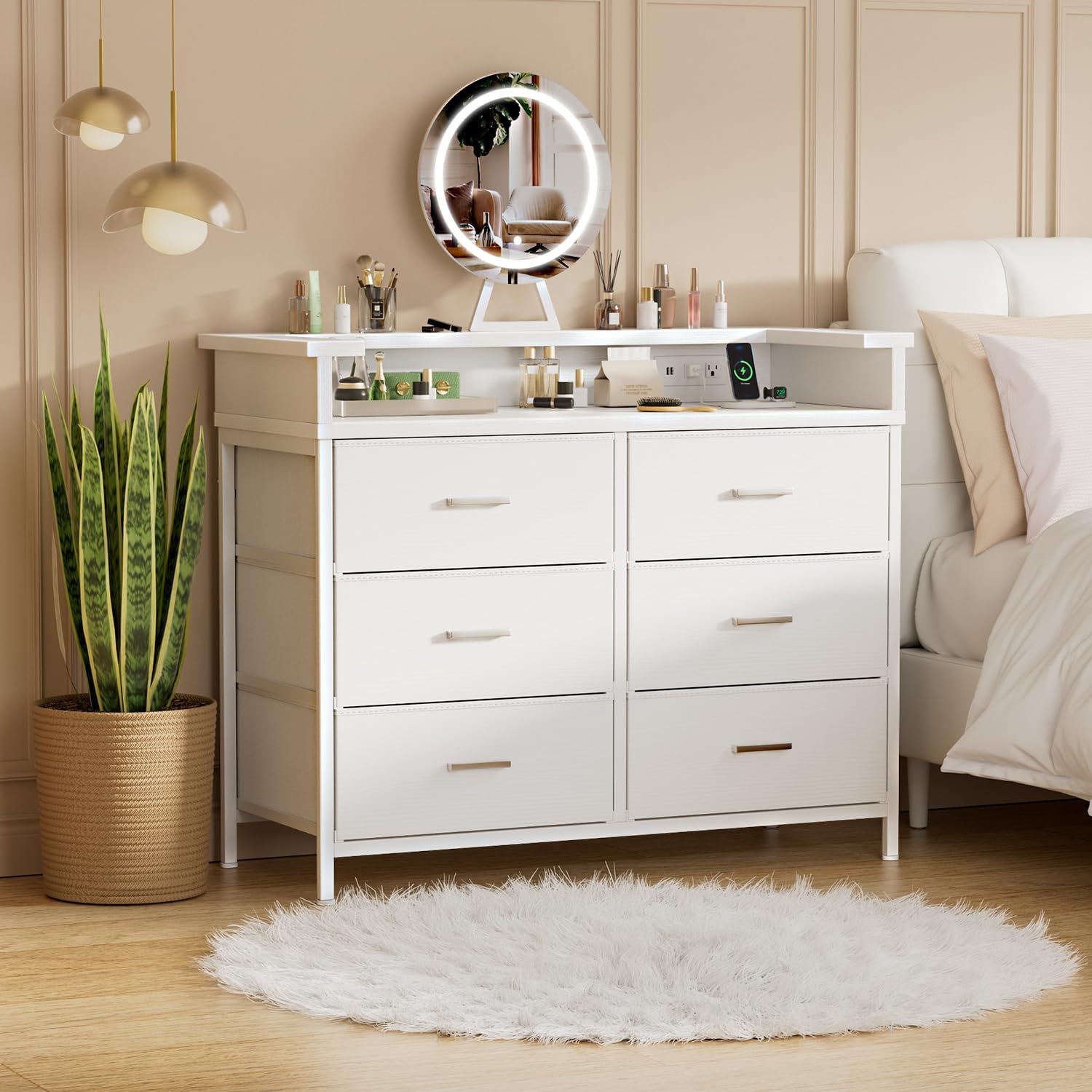 Wrought Studio White Dresser With Mirror, Fabric Dressers 6 Drawer ...