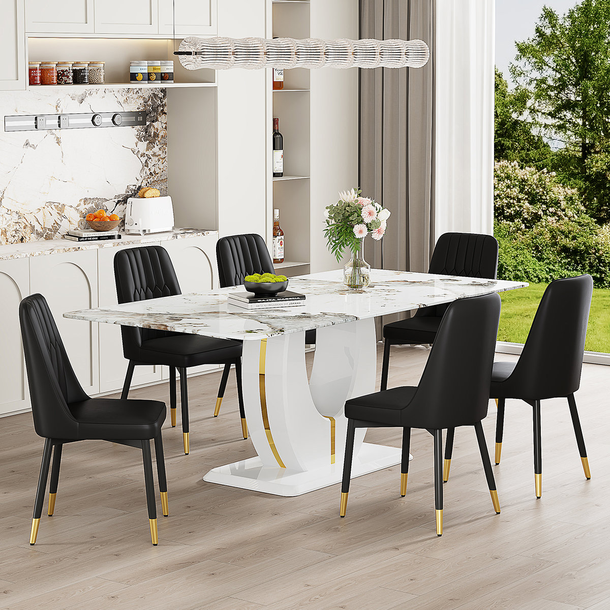 Mercer41 71" Rectangular Dining Table Set For 6 Featuring A Faux Marble ...