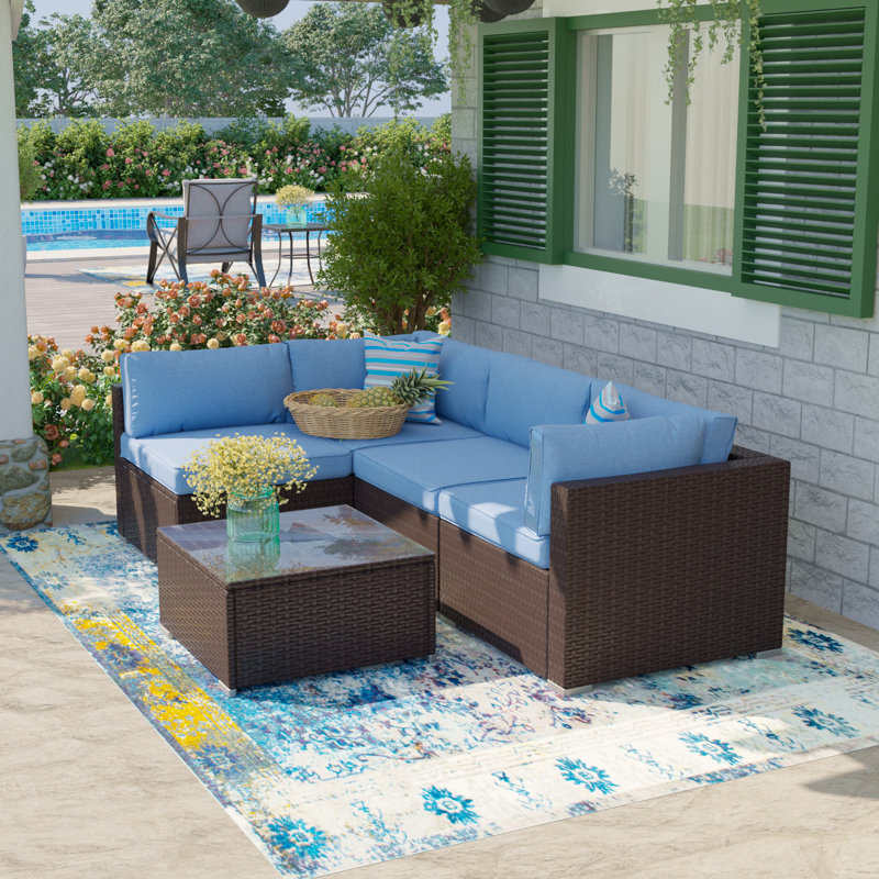 Orren Ellis Ahull 5 Piece Rattan Sectional Seating Group with Cushions ...