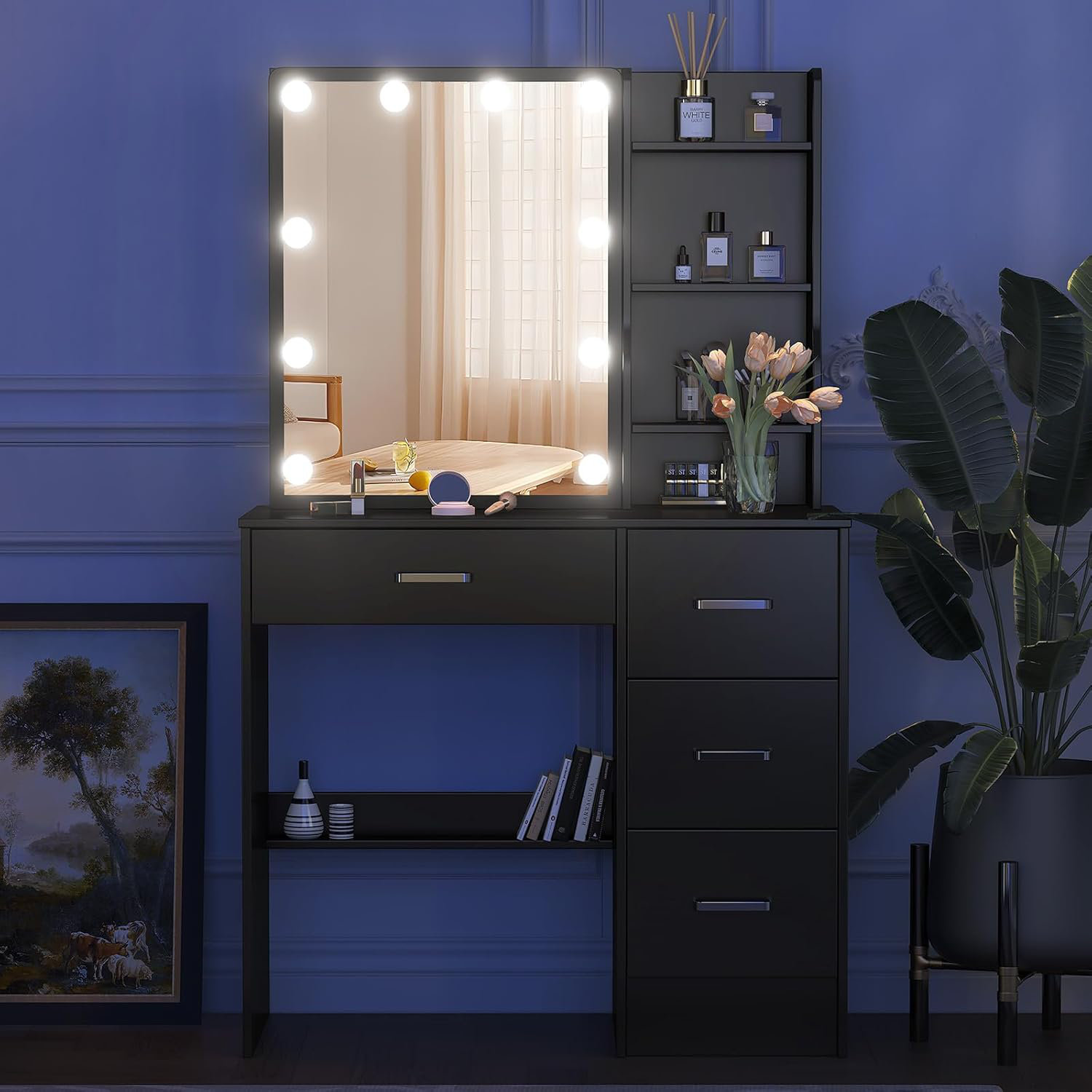 Latitude Run® Desk with Mirror and Lights, Makeup Vanity with 4 Drawers ...