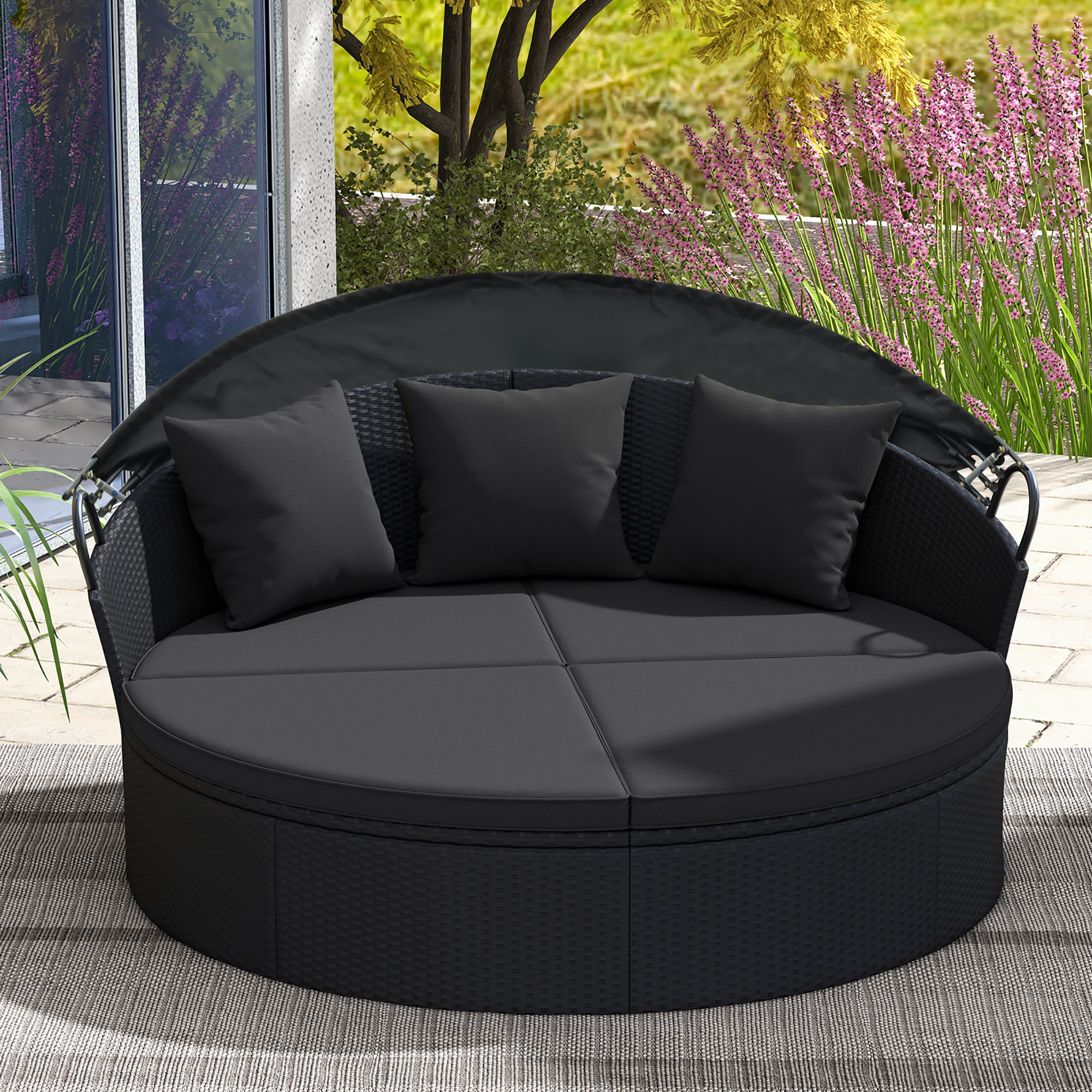 Ebern Designs Patio Round Daybed Wicker Daybed w/ Retractable Canopy ...