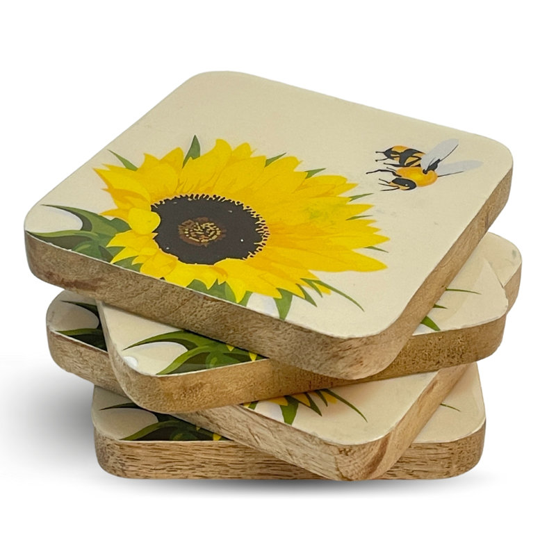 Lexi Home Mango Wood 4 x 4 Sunflower Bee Coasters | Wayfair
