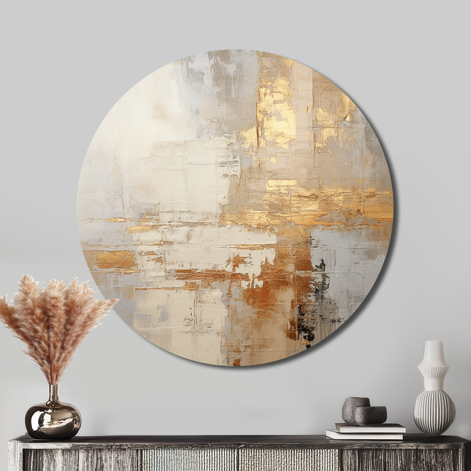 Design Art Gold And White Abstract Split - Abstract Round Metal Art ...